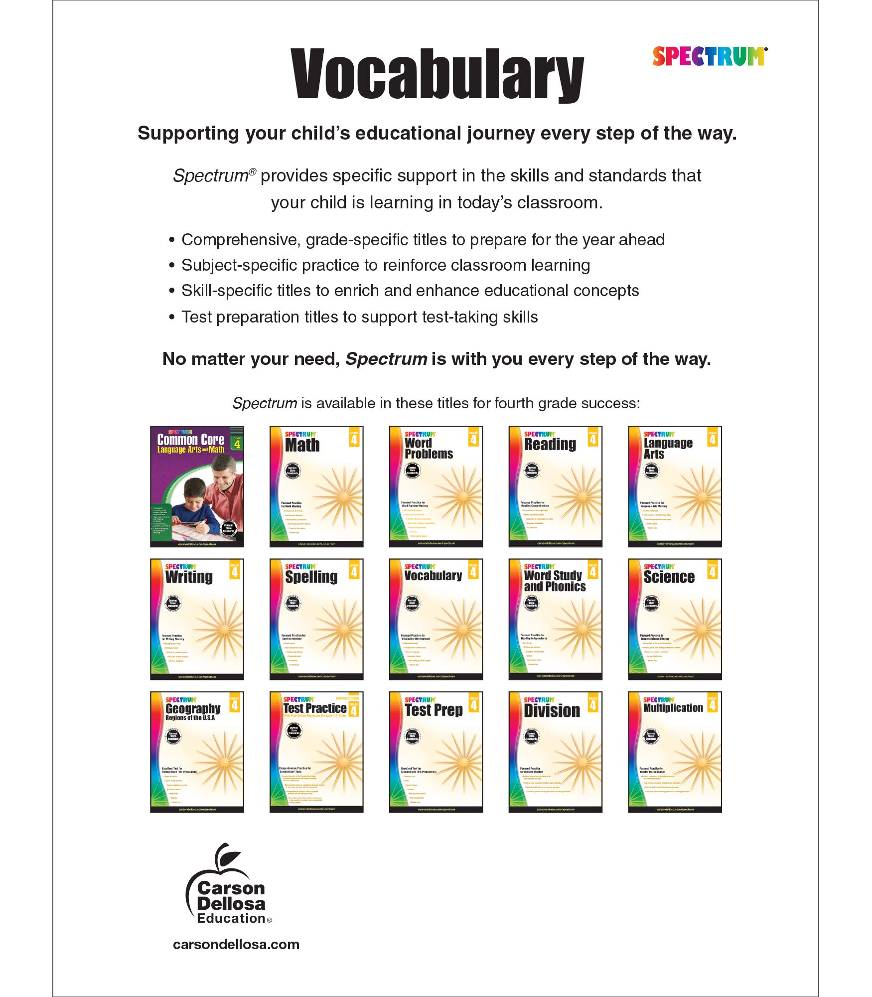 Spectrum Grade 4 Vocabulary Workbook, 4th Grade Vocabulary Covering Word Relationships, Sensory Language, Roots and Affixes, and Reading Comprehension Context Clues, Classroom or Homeschool Curriculum