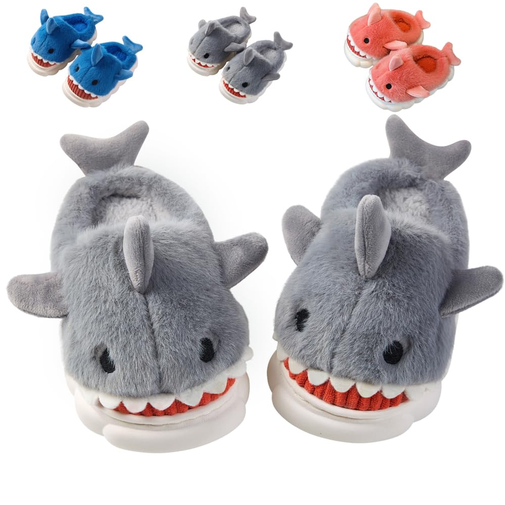Fiedaz Boys Girls Shark Slippers Kids House Cute Slippers for Toddler Plush Warm Slippers Non-Slip Indoor bedroom Winter Shoes Half Heel Grey 1-1.5 Big kids EU 32-33