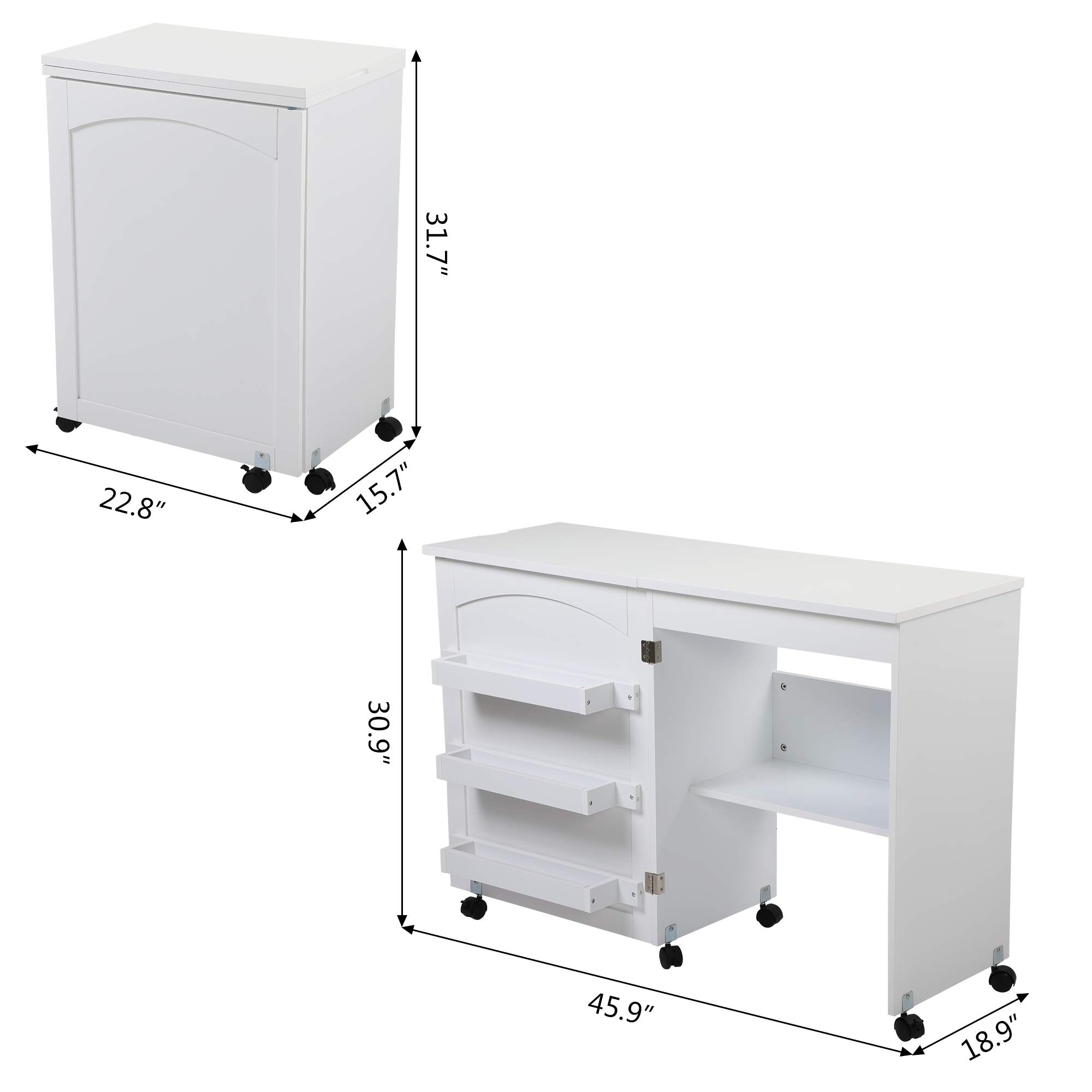 ANNECOSK Sewing Machine Table, Folable Craft Table with Storage Cabinet, Rolling Lockable Wheels, White
