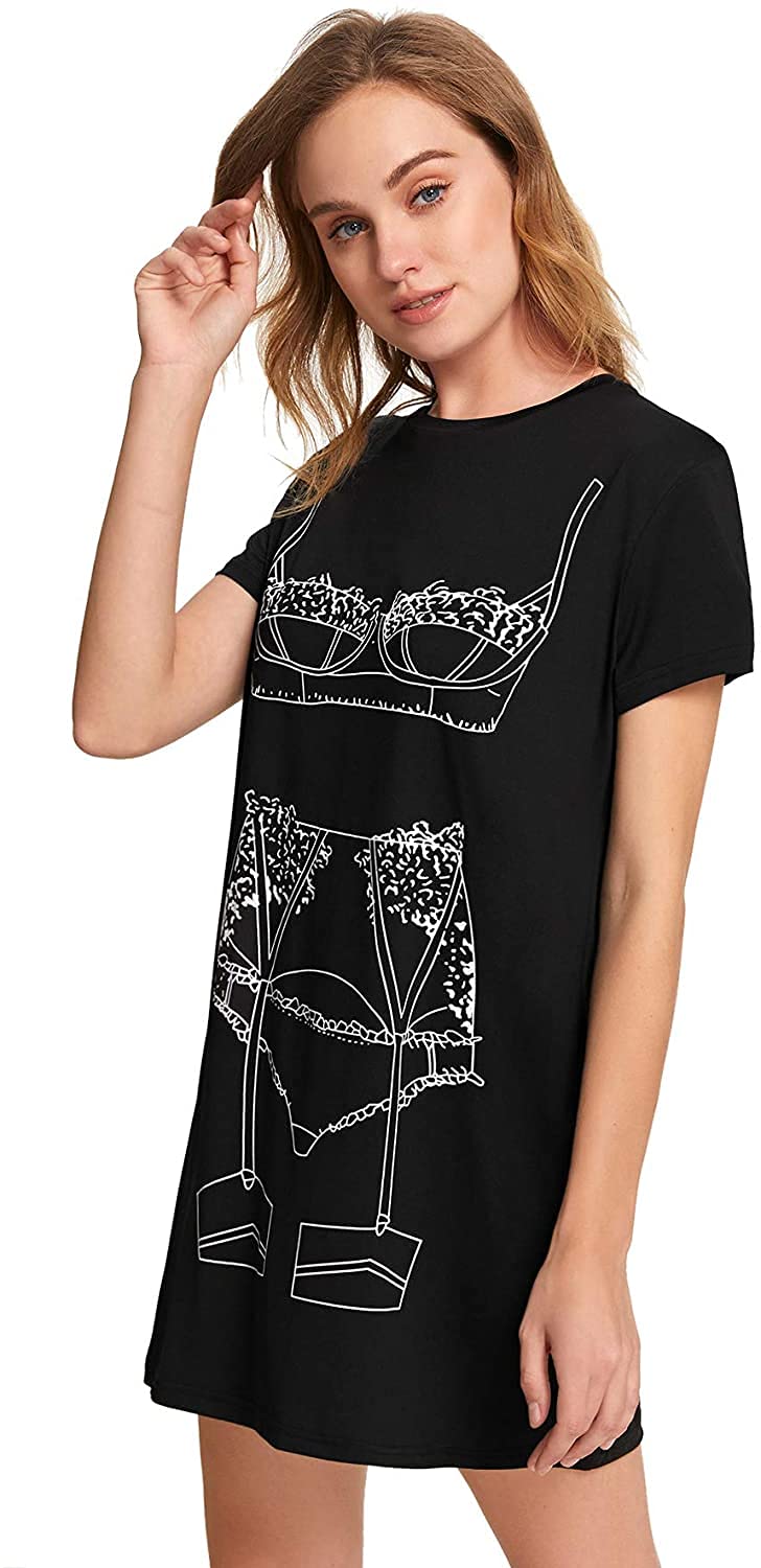 Floerns Women's Funny Lingerie Nightgown Cute Print Tshirt Sleepdress Black L