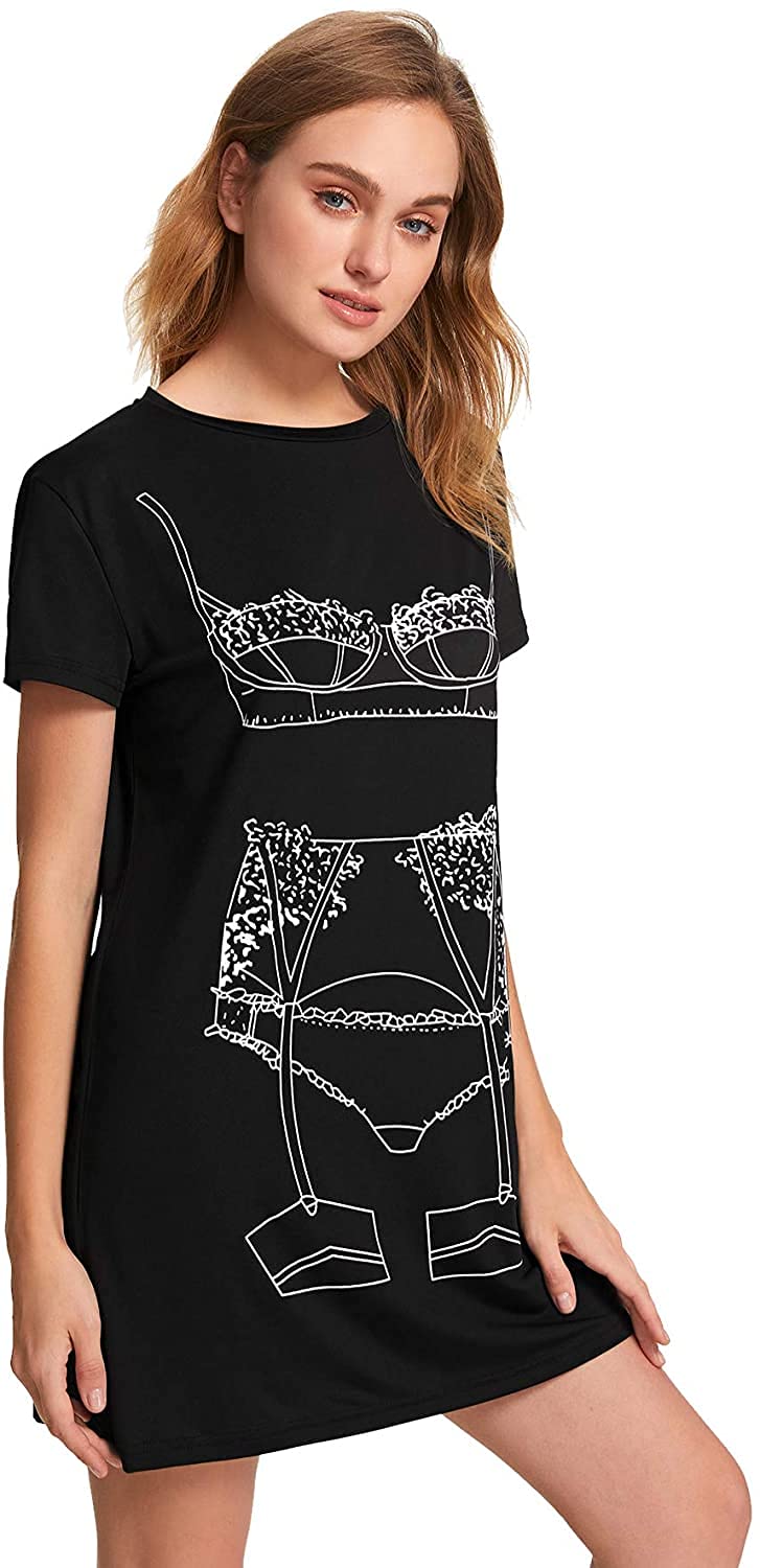 Floerns Women's Funny Lingerie Nightgown Cute Print Tshirt Sleepdress Black L