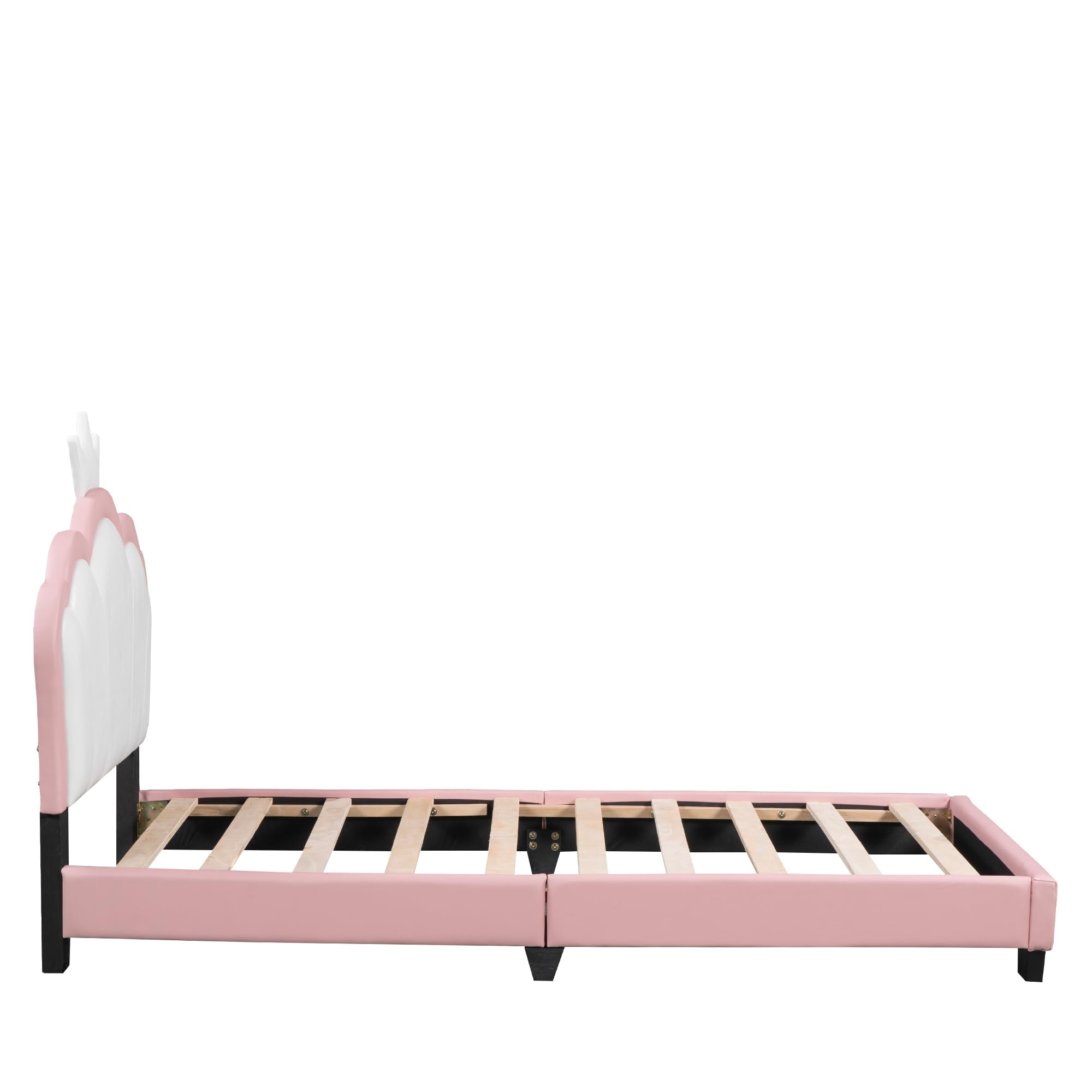 Cute Upholstered Princess Bed with Crown Headboard, Twin Size Leather Platform Bed with Wood Slats for Kids Boys Girls
