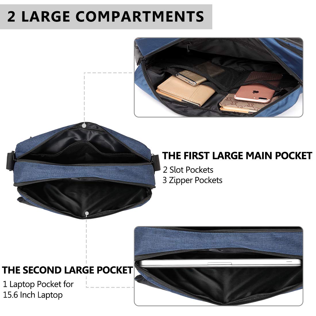 Messenger Bag for Men, Lightweight Water Resistant 15.6 Laptop Shoulder Bag for Business Office by Vonxury Blue