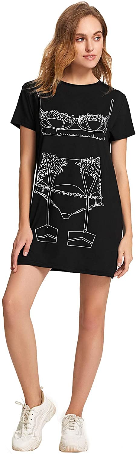 Floerns Women's Funny Lingerie Nightgown Cute Print Tshirt Sleepdress Black L