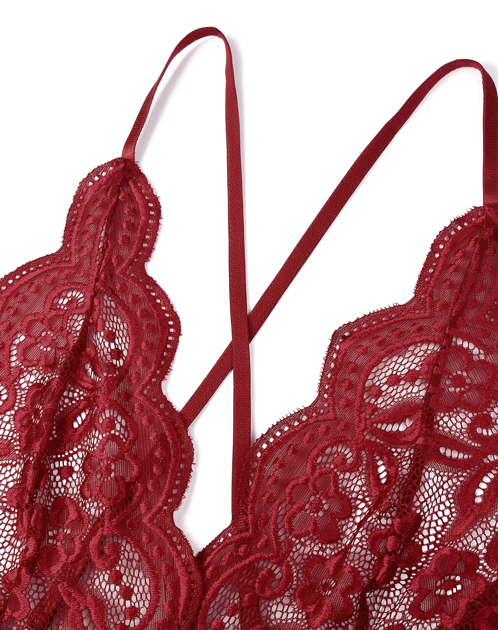 Women One Piece Lingerie Sexy Teddy V Neck Bodysuit Lace Nightie (Wine Red, X-Large)
