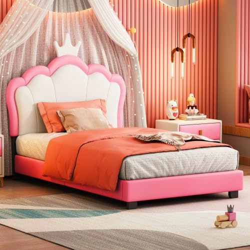 Cute Upholstered Princess Bed with Crown Headboard, Twin Size Leather Platform Bed with Wood Slats for Kids Boys Girls