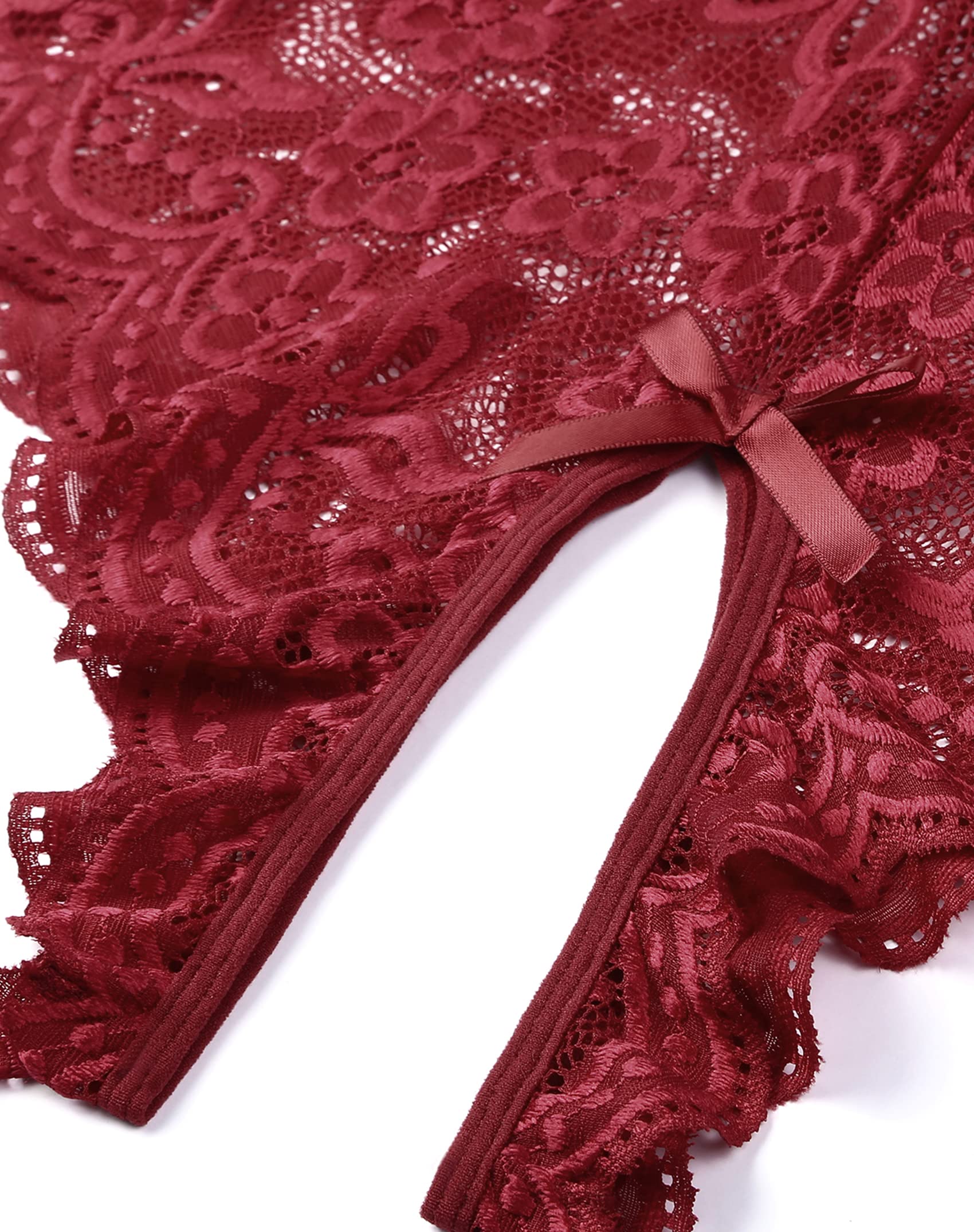 Women One Piece Lingerie Sexy Teddy V Neck Bodysuit Lace Nightie (Wine Red, X-Large)