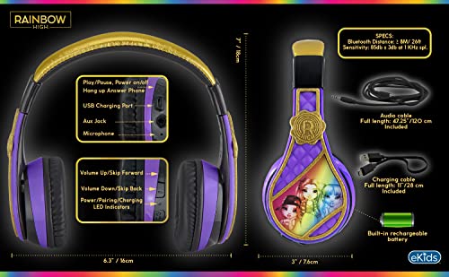 eKids Rainbow High Kids Bluetooth Headphones, Wireless Headphones with Microphone Includes Aux Cord, Volume Reduced Kids Foldable Headphones for School, Home, or Travel