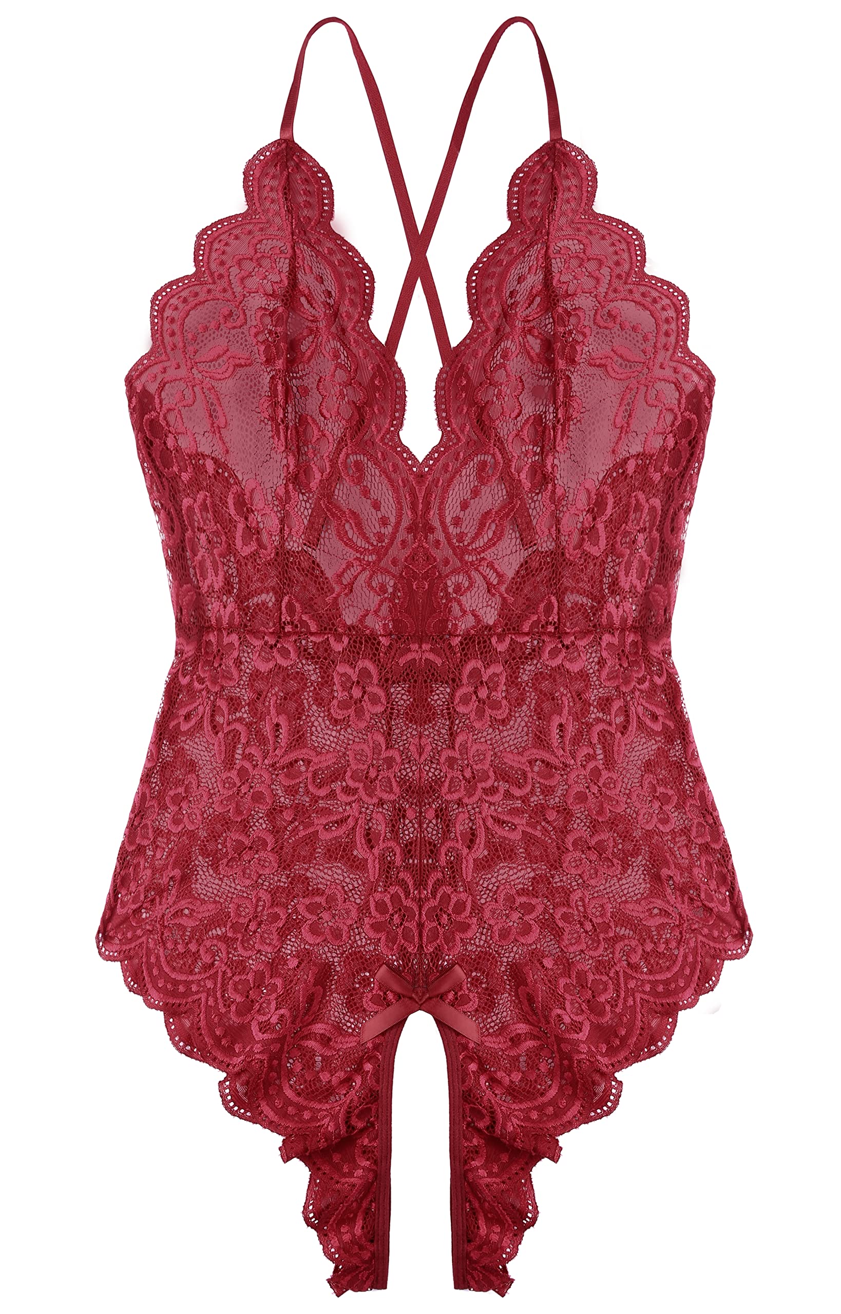 Women One Piece Lingerie Sexy Teddy V Neck Bodysuit Lace Nightie (Wine Red, X-Large)