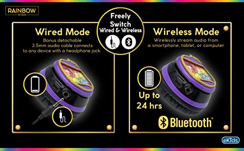 eKids Rainbow High Kids Bluetooth Headphones, Wireless Headphones with Microphone Includes Aux Cord, Volume Reduced Kids Foldable Headphones for School, Home, or Travel