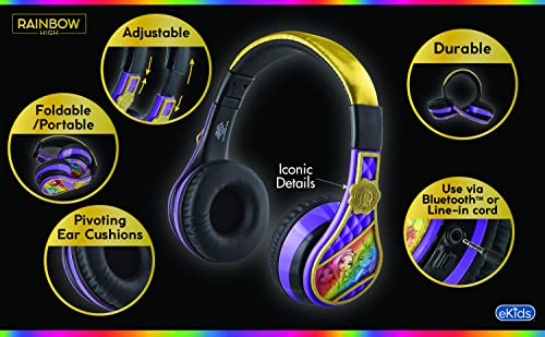eKids Rainbow High Kids Bluetooth Headphones, Wireless Headphones with Microphone Includes Aux Cord, Volume Reduced Kids Foldable Headphones for School, Home, or Travel