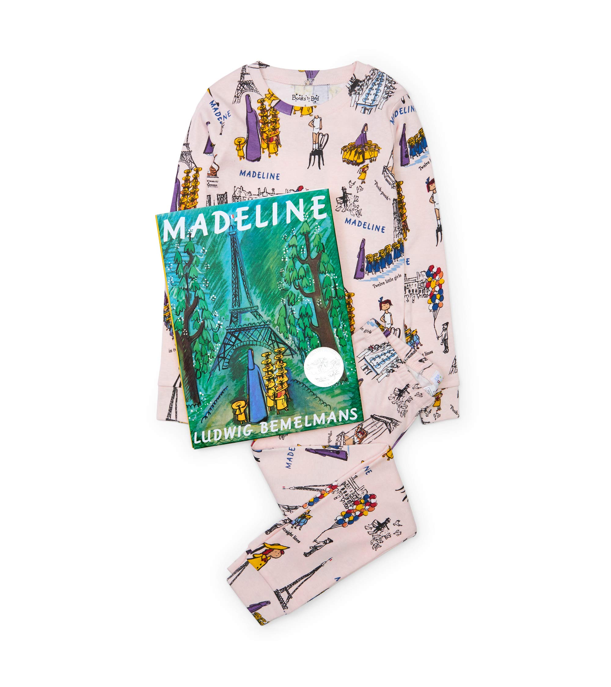 Books to Bed Girl's Book and Long Sleeve Printed Pajama Set, Madeline, 4 Years