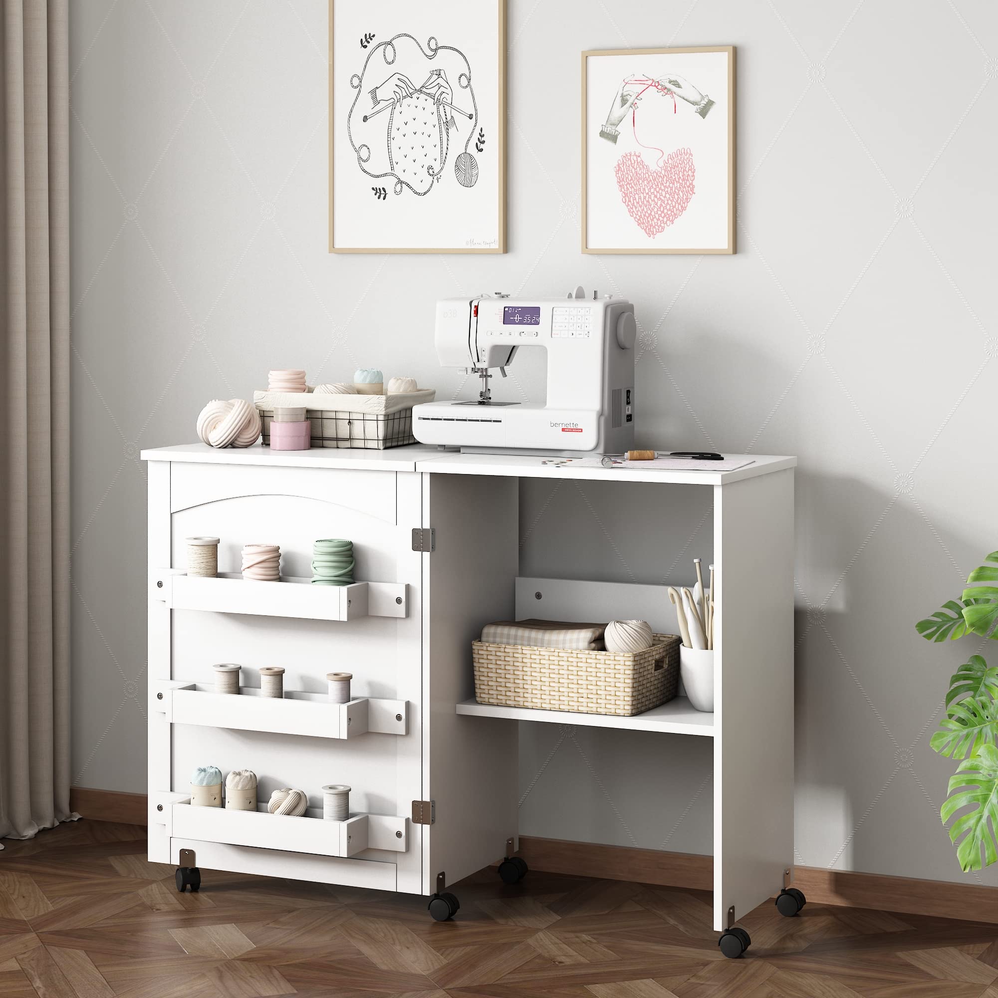 ANNECOSK Sewing Machine Table, Folable Craft Table with Storage Cabinet, Rolling Lockable Wheels, White