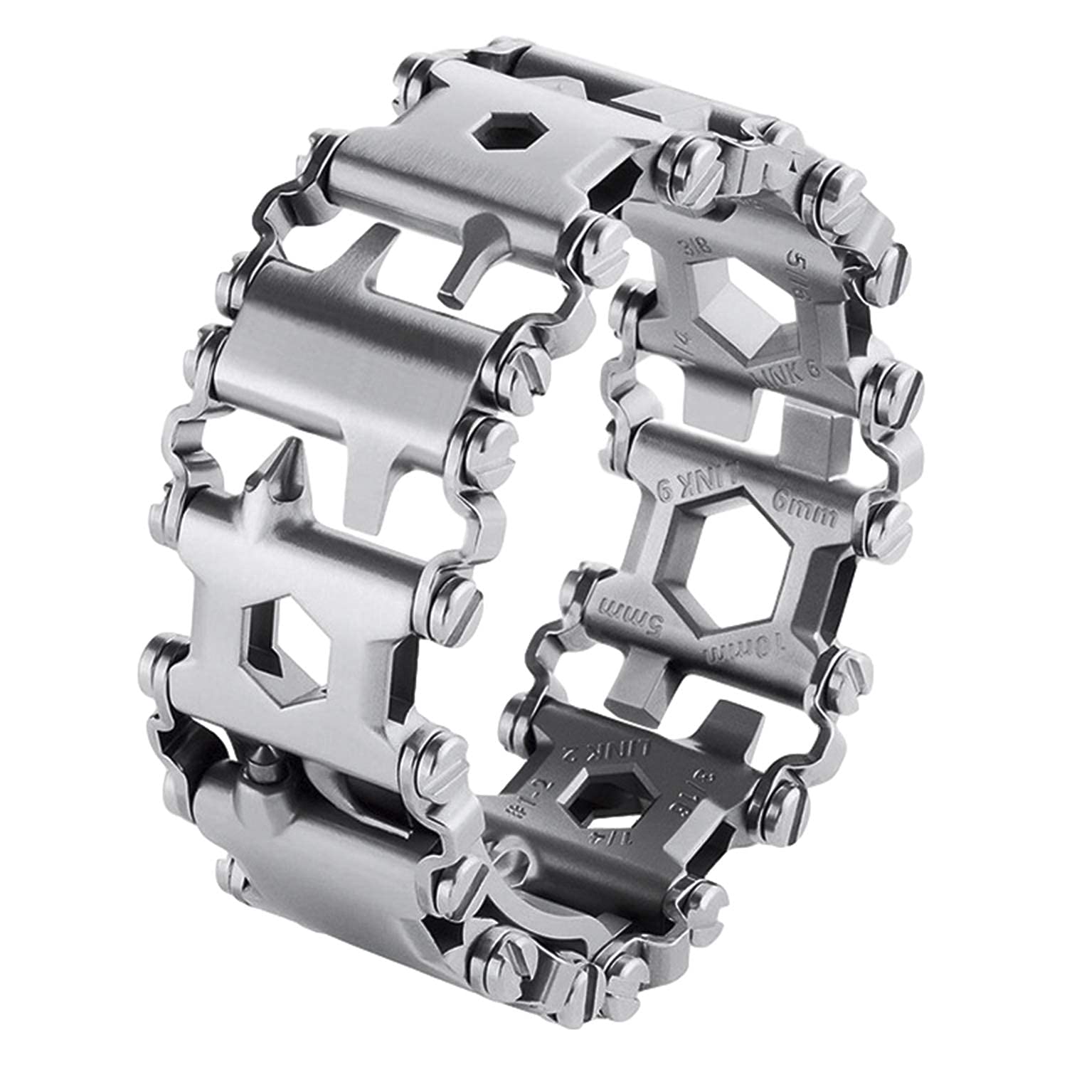 ONELANKS Stainless Tool Bracelet for Men Compatible for LEATHERMAN TREAD and Watch Band 29 in 1 Survival Hiking Camping Travel Friendly Multitools Wearable Bracelet (Silver)