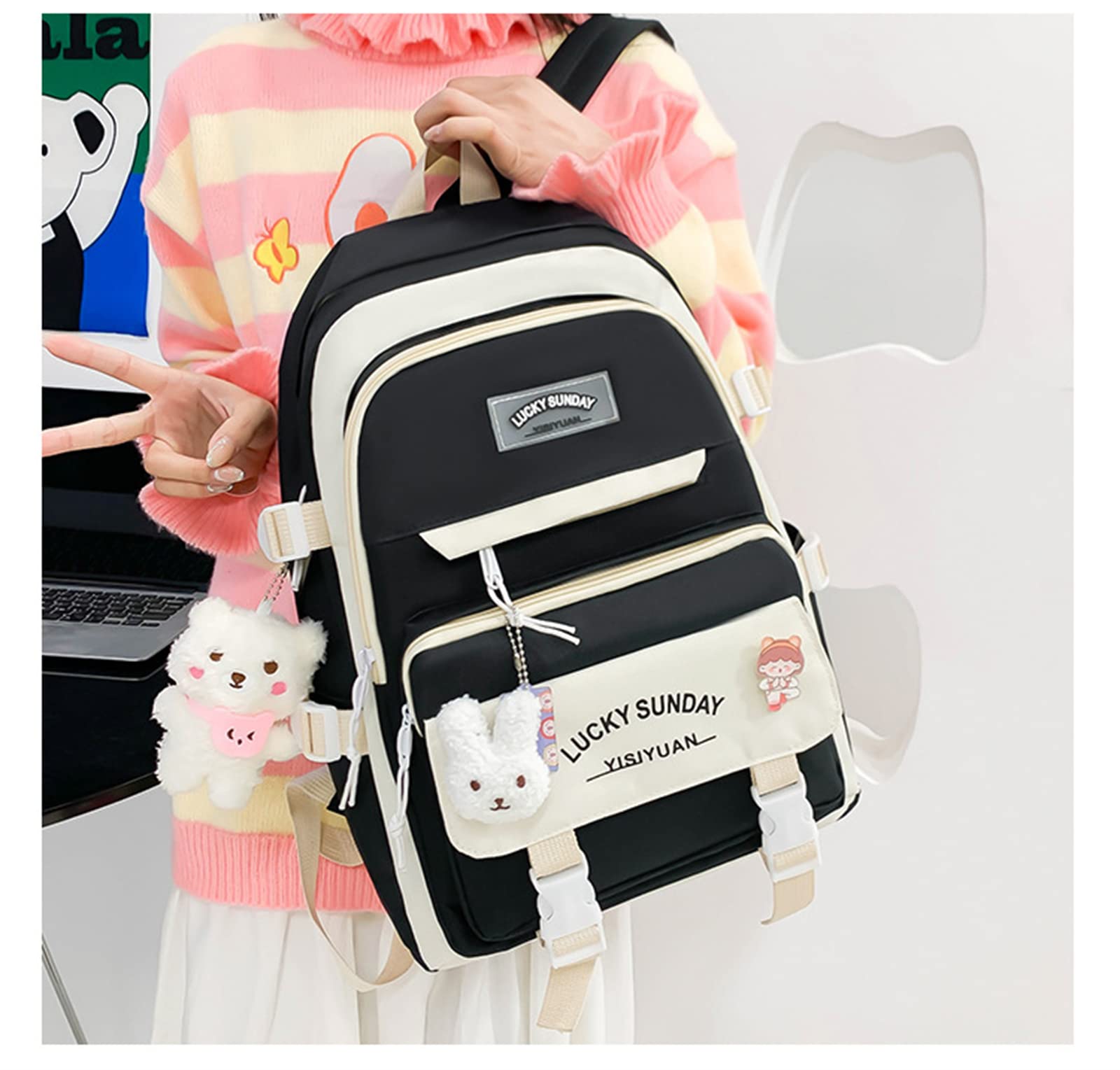 SAMAHBOE Kawaii Backpack set 5 Pcs School Backpack Cute Aesthetic Backpack Set Aesthetic School Bags Cute Bookbag with Badge& Plush Pendan,Shoulder Bag,Pencil Box,Tote Bag,Small Bag