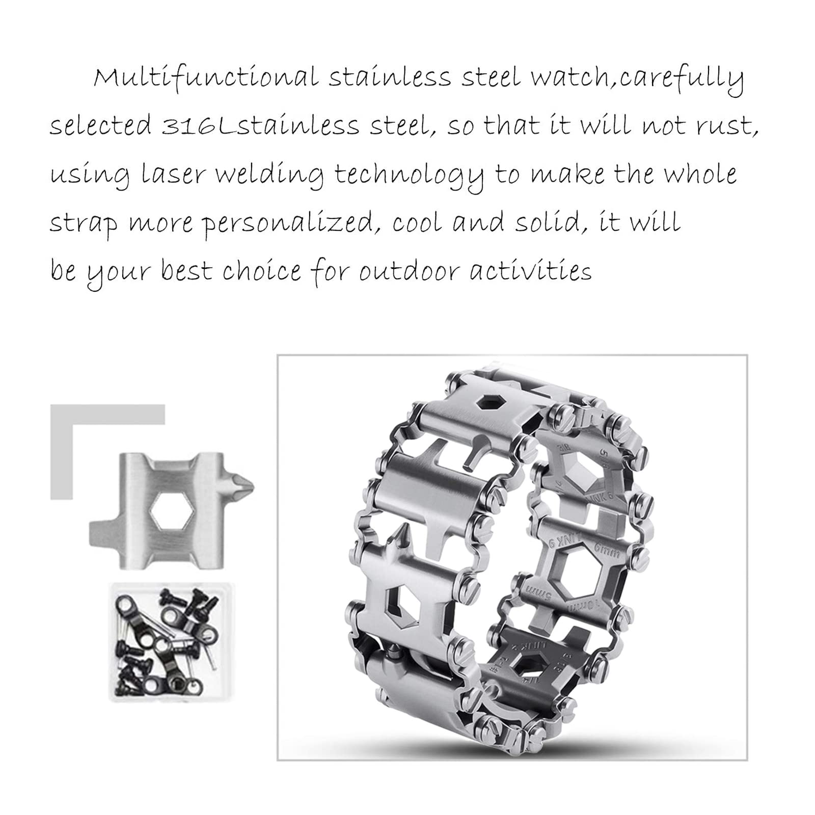 ONELANKS Stainless Tool Bracelet for Men Compatible for LEATHERMAN TREAD and Watch Band 29 in 1 Survival Hiking Camping Travel Friendly Multitools Wearable Bracelet (Silver)