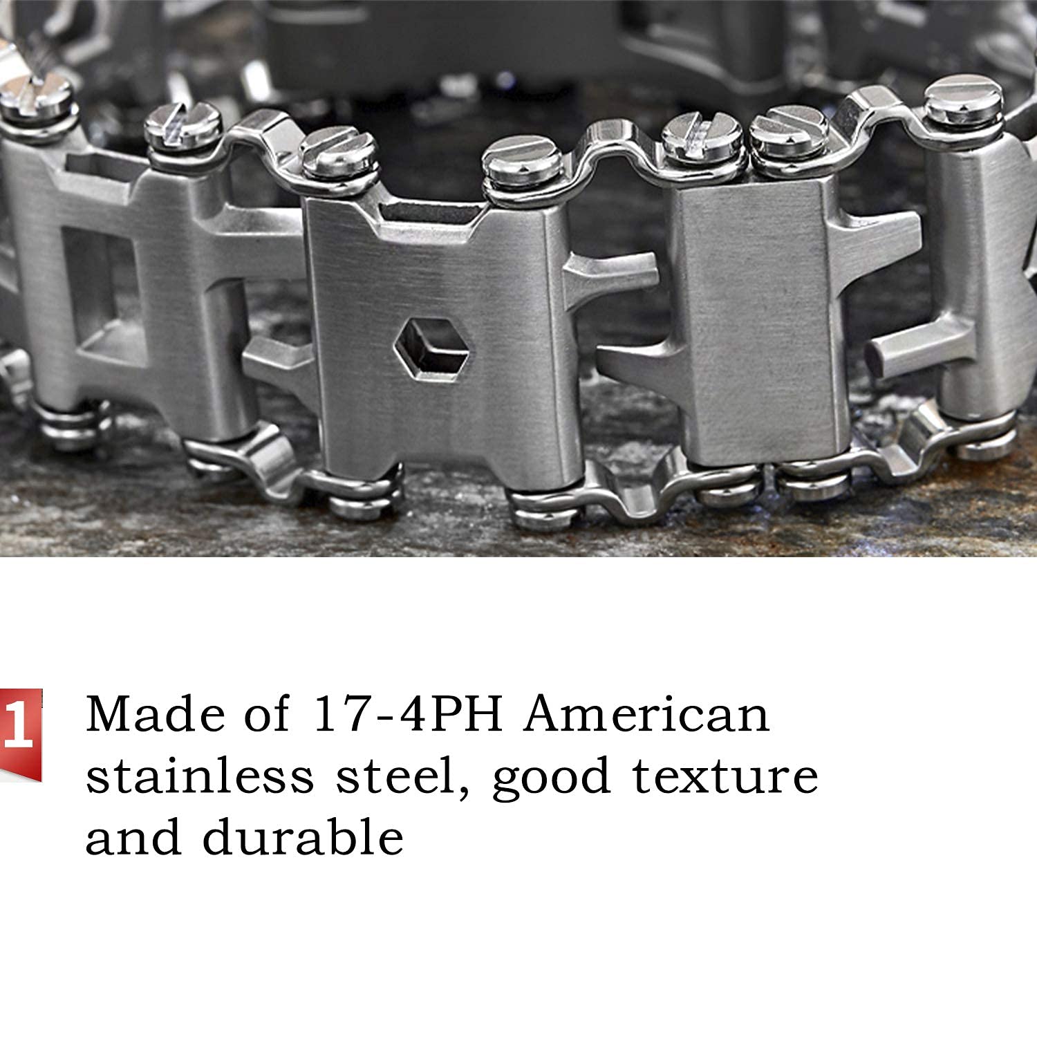 ONELANKS Stainless Tool Bracelet for Men Compatible for LEATHERMAN TREAD and Watch Band 29 in 1 Survival Hiking Camping Travel Friendly Multitools Wearable Bracelet (Silver)
