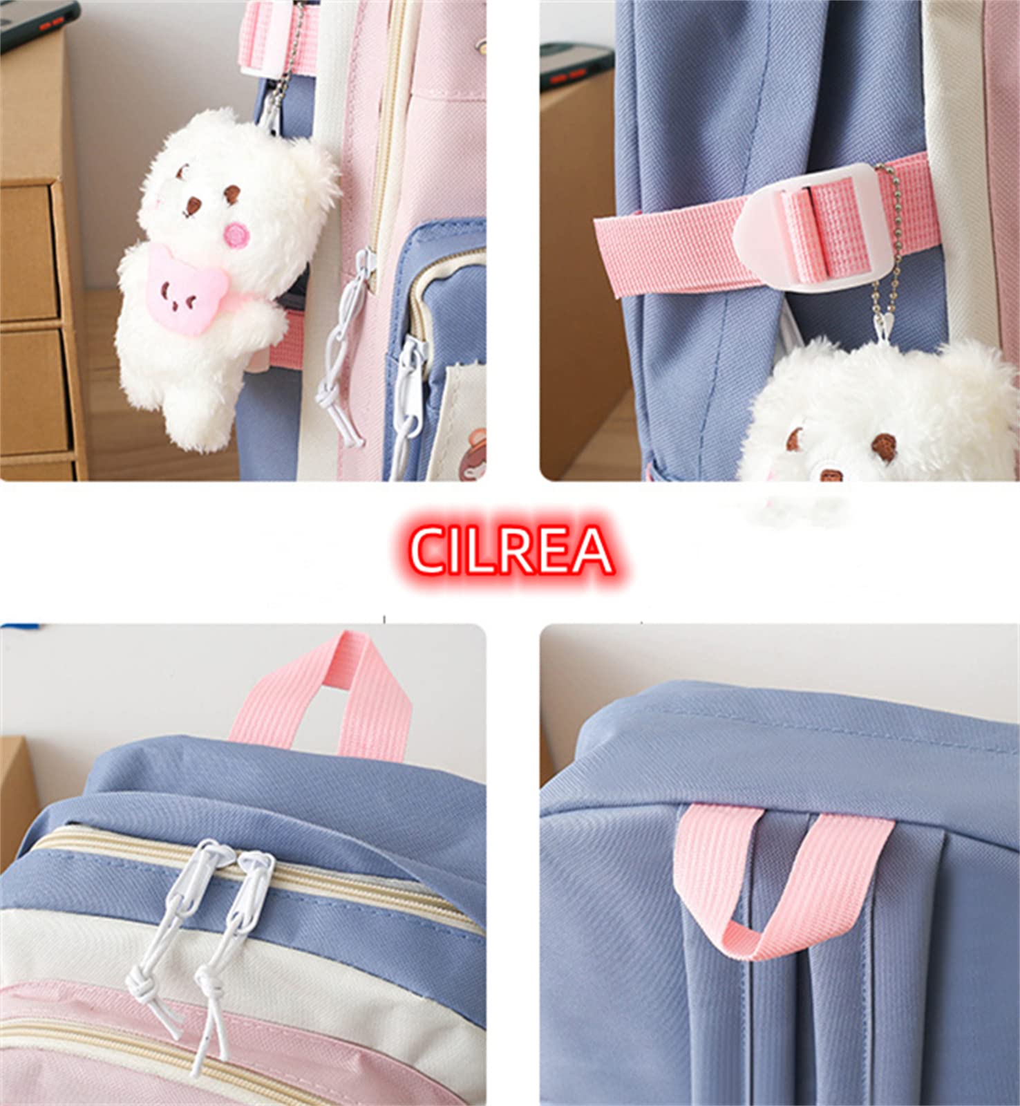 SAMAHBOE Kawaii Backpack set 5 Pcs School Backpack Cute Aesthetic Backpack Set Aesthetic School Bags Cute Bookbag with Badge& Plush Pendan,Shoulder Bag,Pencil Box,Tote Bag,Small Bag