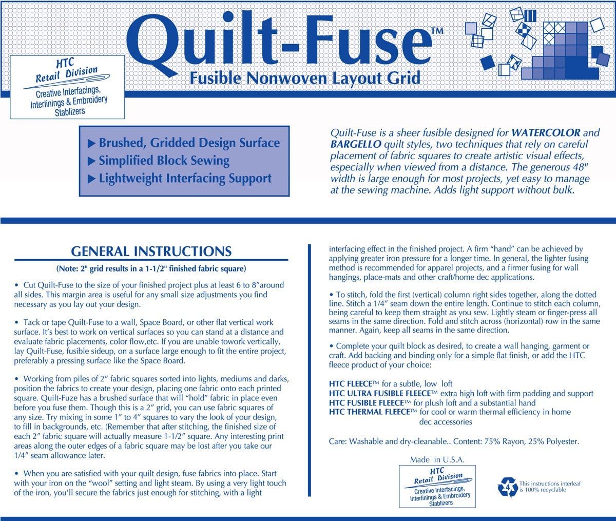 Superpunch Quilt-Fuse HTC3240-1 Interfacing/Interlining, White Fusible Interfacing Lightweight– 48” Wide Nonwoven 2” Layout Grid, Iron On Polyester/ Rayon Interfacing for DIY Crafts Supplies- USA Made