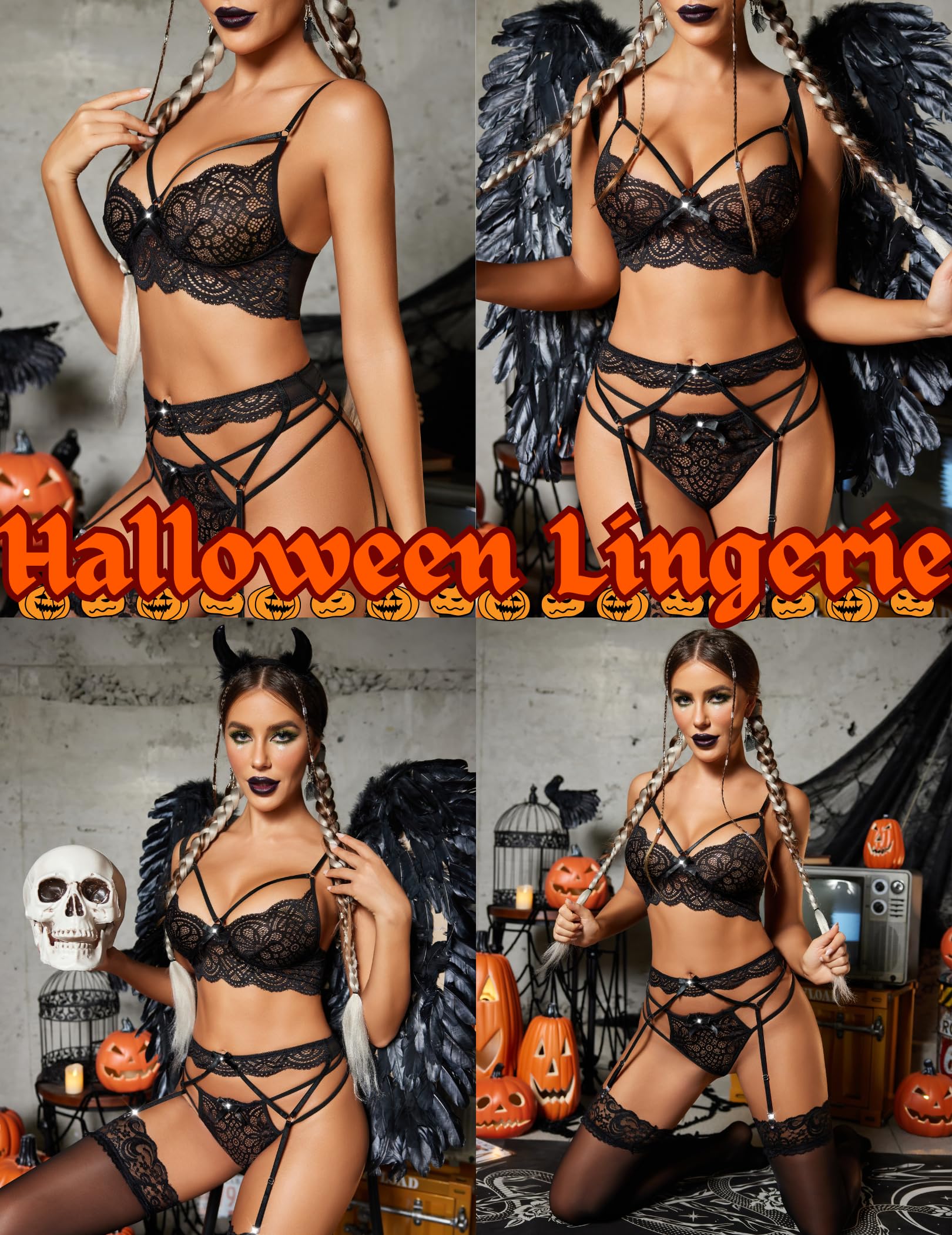 Avidlove Women's Exotic Lingerie Sets with Garter Belts Lace Bra and Panty Sexy Two Piece Negligee,Black,M