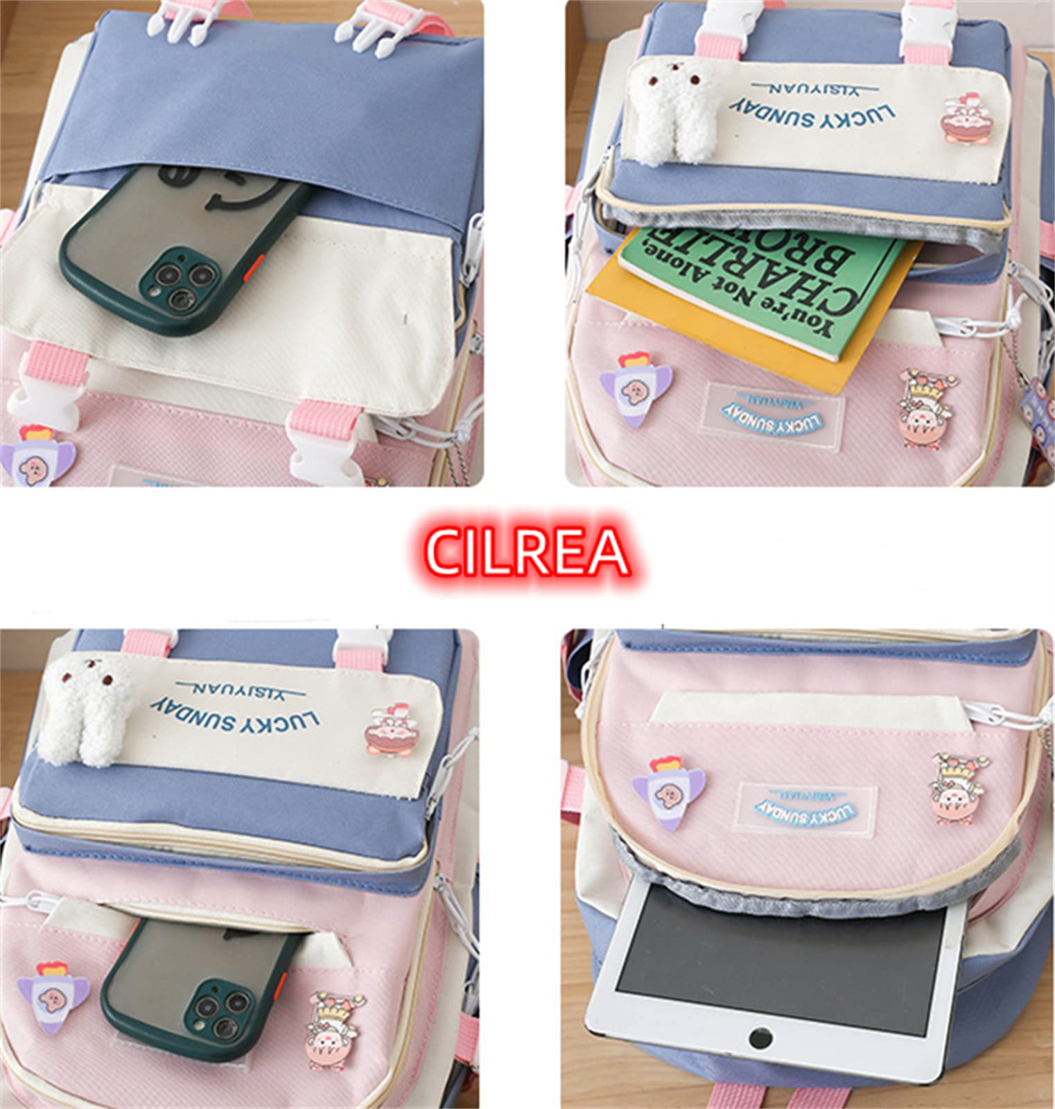 SAMAHBOE Kawaii Backpack set 5 Pcs School Backpack Cute Aesthetic Backpack Set Aesthetic School Bags Cute Bookbag with Badge& Plush Pendan,Shoulder Bag,Pencil Box,Tote Bag,Small Bag