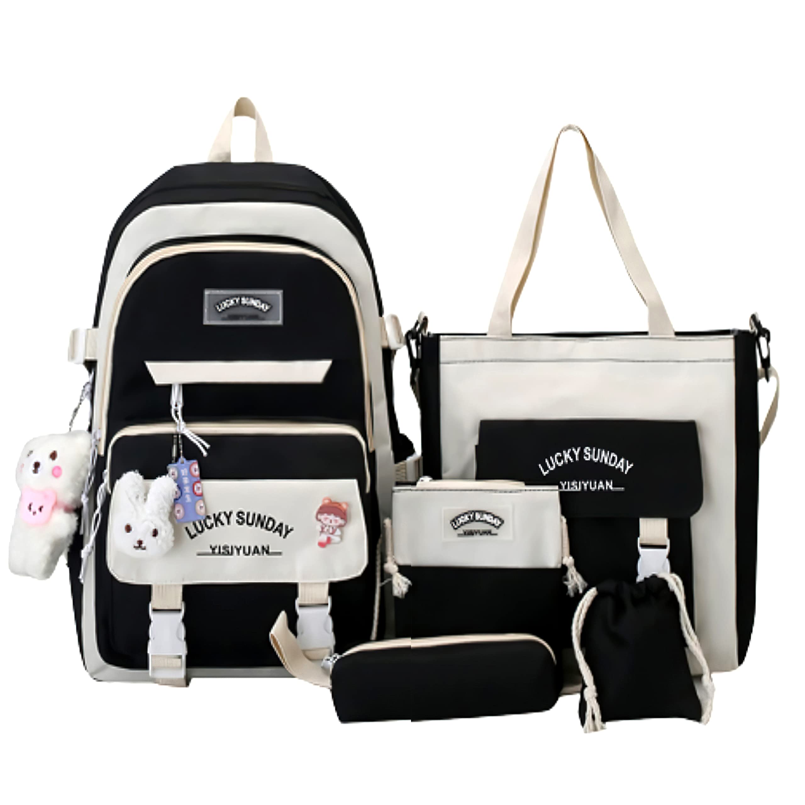SAMAHBOE Kawaii Backpack set 5 Pcs School Backpack Cute Aesthetic Backpack Set Aesthetic School Bags Cute Bookbag with Badge& Plush Pendan,Shoulder Bag,Pencil Box,Tote Bag,Small Bag