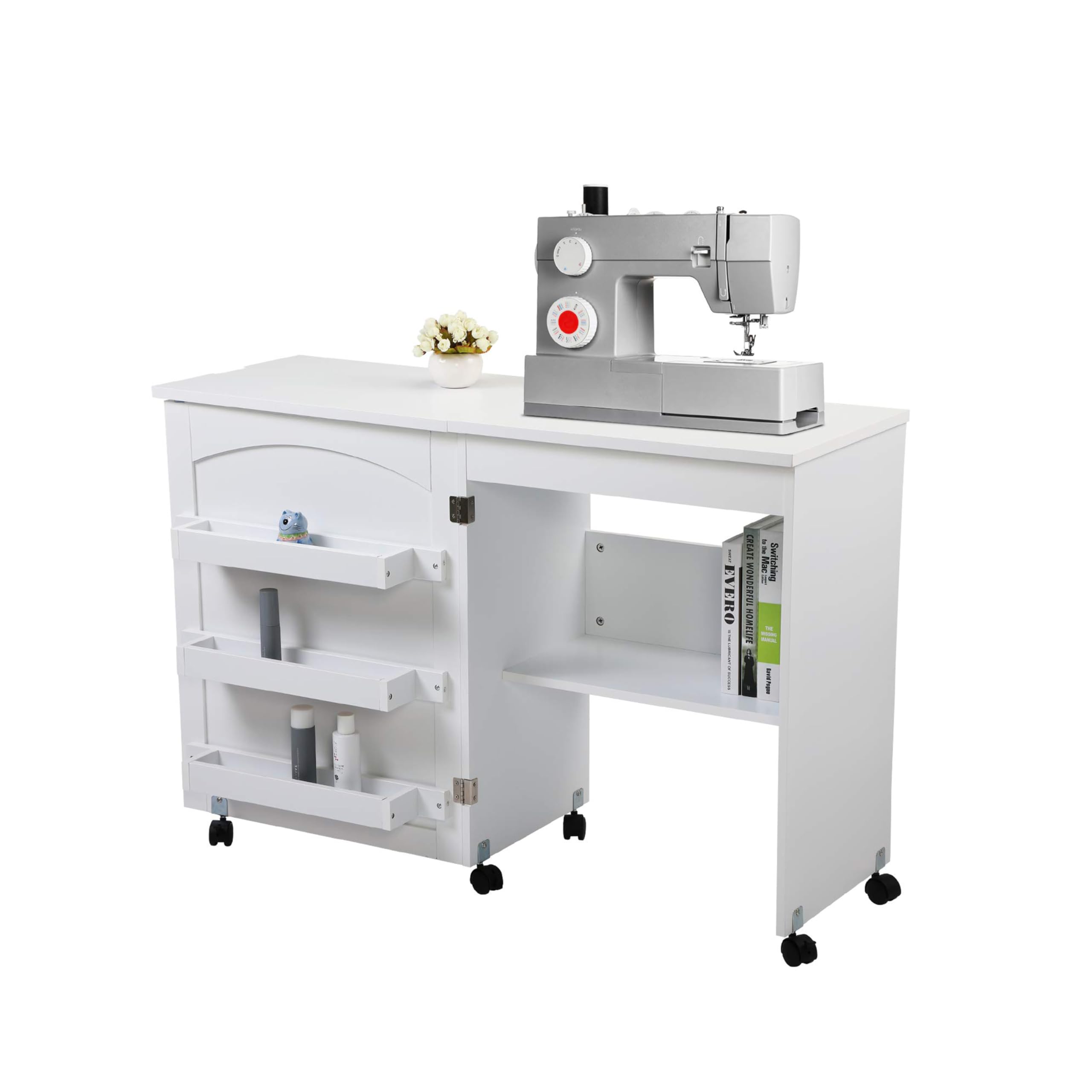 ANNECOSK Folding Sewing Machine Table with Storage, Lockable Rolling Wheels, Adjustable Height, Sewing Desk for Small Spaces, White