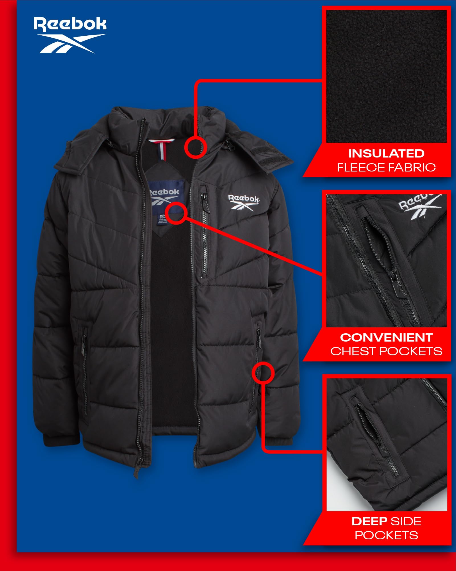 Reebok Boys' Winter Jacket - Heavyweight Quilted Puffer Parka Coat - Insulated Ski Jacket for Boys (8-20), Size 10/12, Black