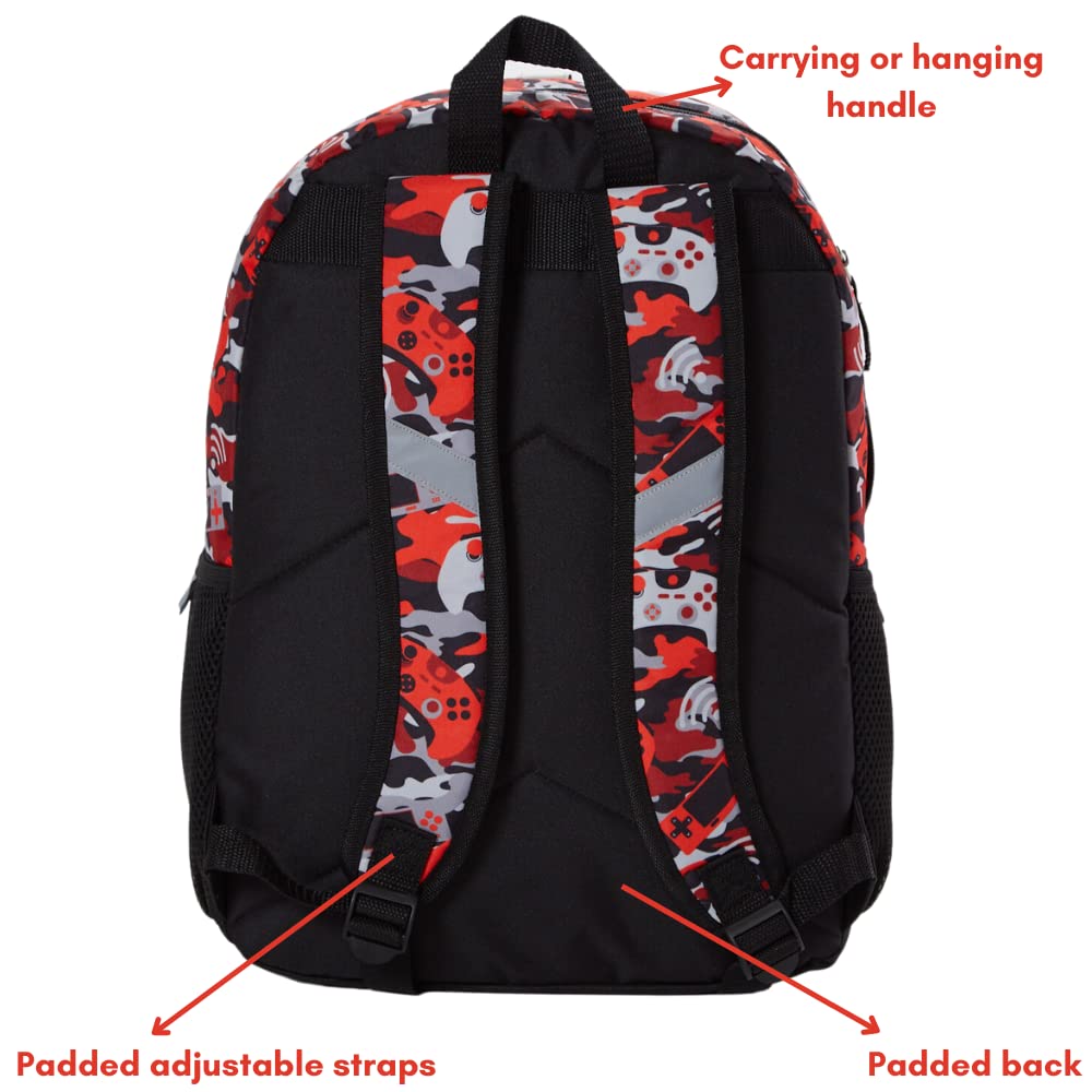 RALME Red Camo Gaming Backpack Set for Boys, 16 inch, 6 Pieces - Includes Foldable Lunch Bag, Water Bottle, Key Chain, & Pencil Case