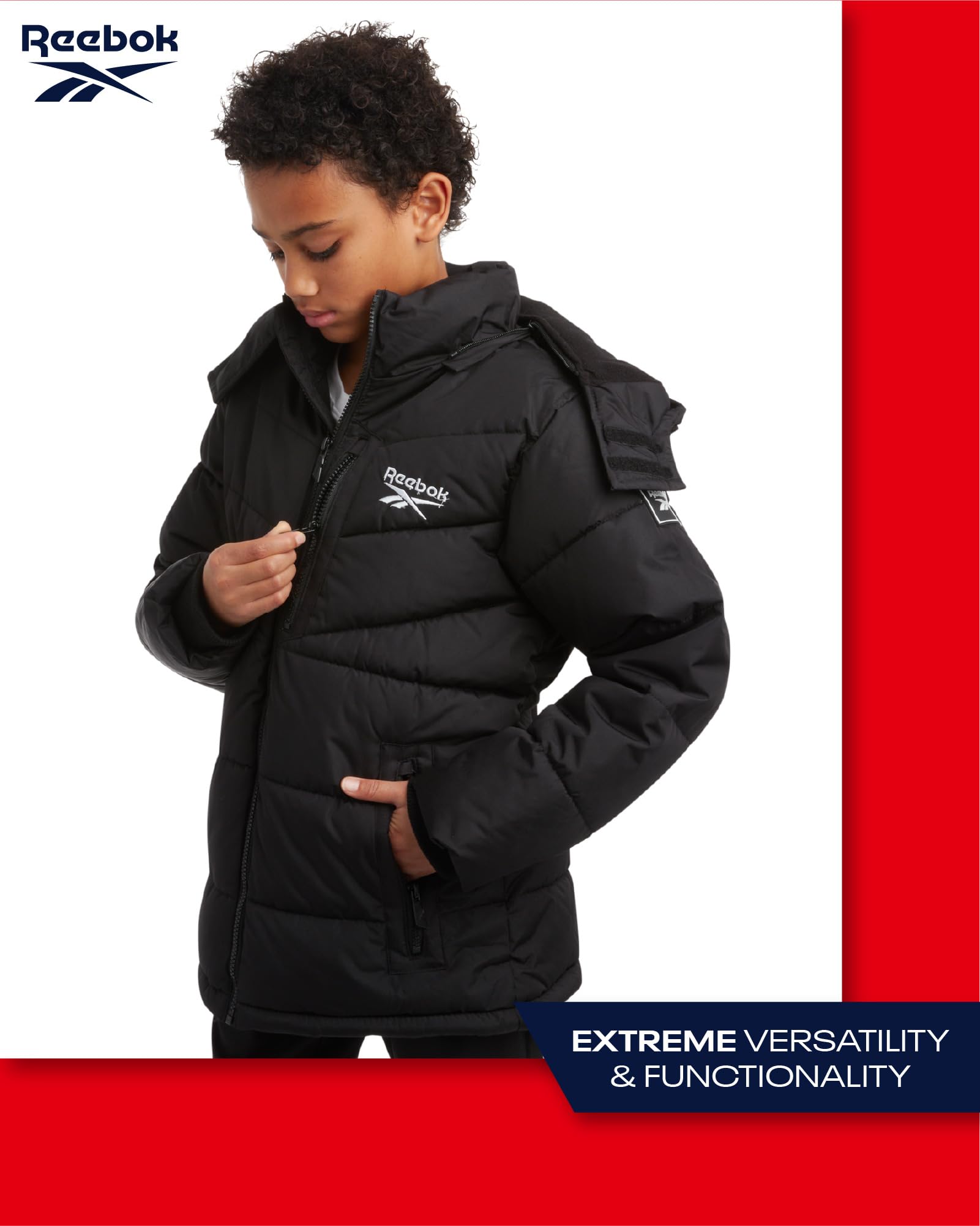 Reebok Boys' Winter Jacket - Heavyweight Quilted Puffer Parka Coat - Insulated Ski Jacket for Boys (8-20), Size 10/12, Black