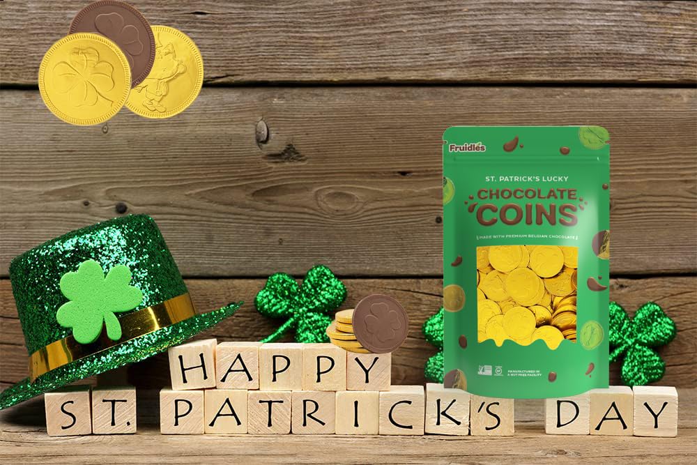 St. Patrick's Day Lucky Belgian Milk Chocolate Gold Coins, Nut-Free, Kosher Certified Dairy, Leprechaun Box (Half-Pound)