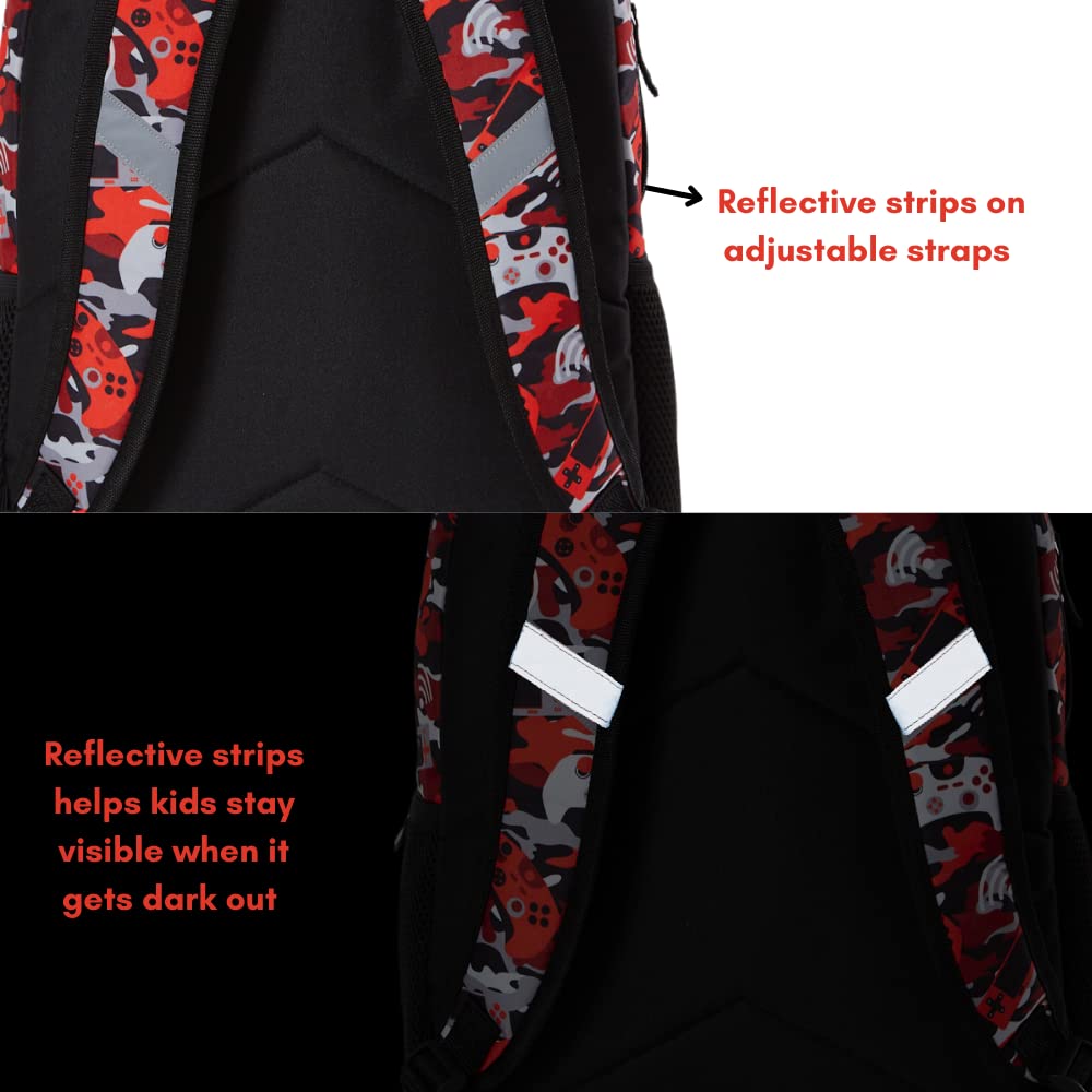RALME Red Camo Gaming Backpack Set for Boys, 16 inch, 6 Pieces - Includes Foldable Lunch Bag, Water Bottle, Key Chain, & Pencil Case