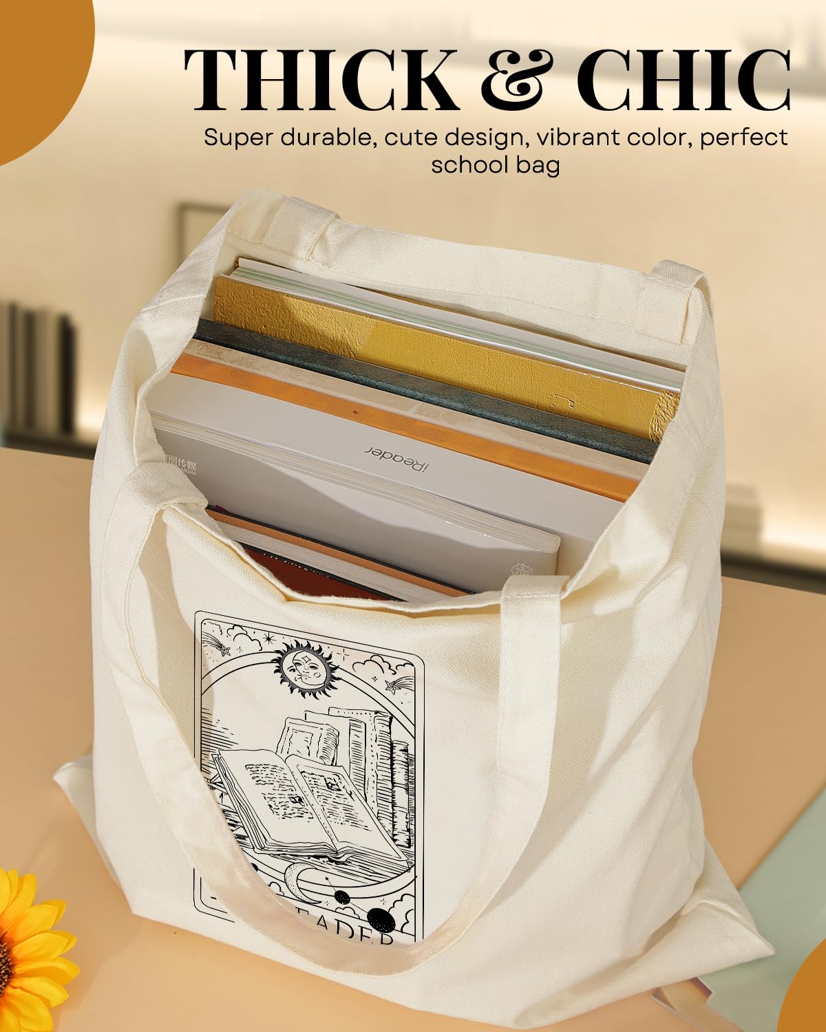 AUSVKAI Canvas Tote Bag Aesthetic for Women, Cute Sun&book Reusable Cotton Bags for Beach Grocery Gifts
