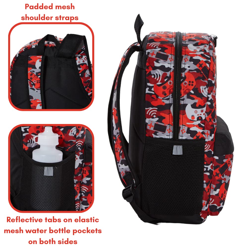 RALME Red Camo Gaming Backpack Set for Boys, 16 inch, 6 Pieces - Includes Foldable Lunch Bag, Water Bottle, Key Chain, & Pencil Case