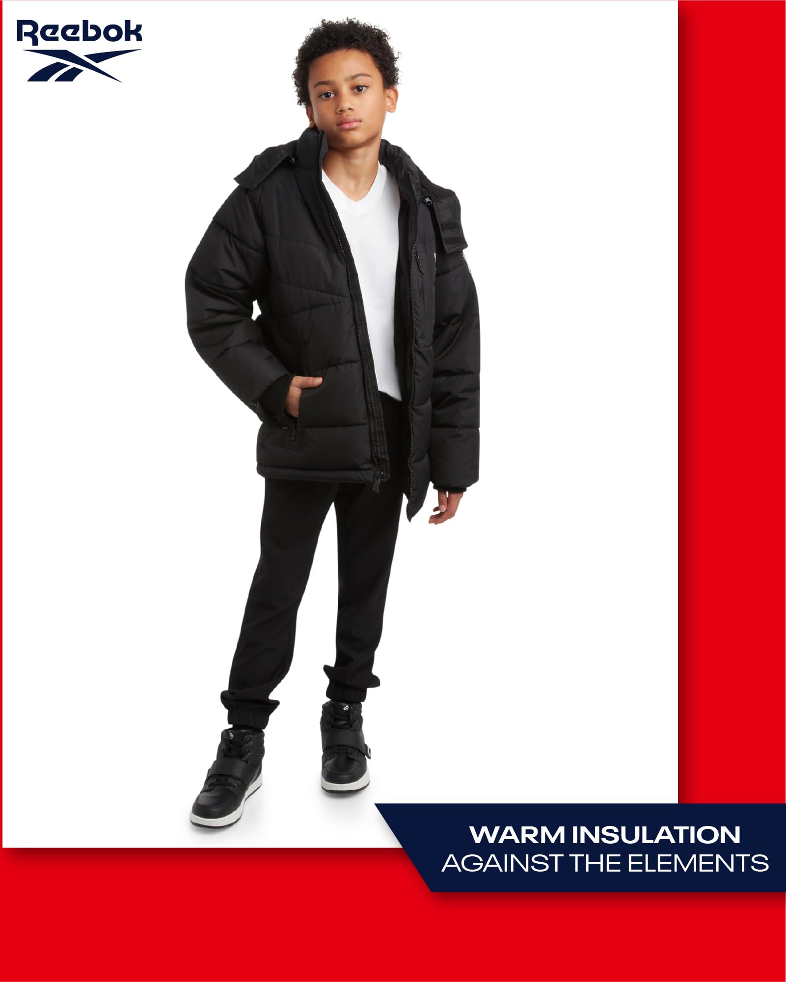Reebok Boys' Winter Jacket - Heavyweight Quilted Puffer Parka Coat - Insulated Ski Jacket for Boys (8-20), Size 10/12, Black