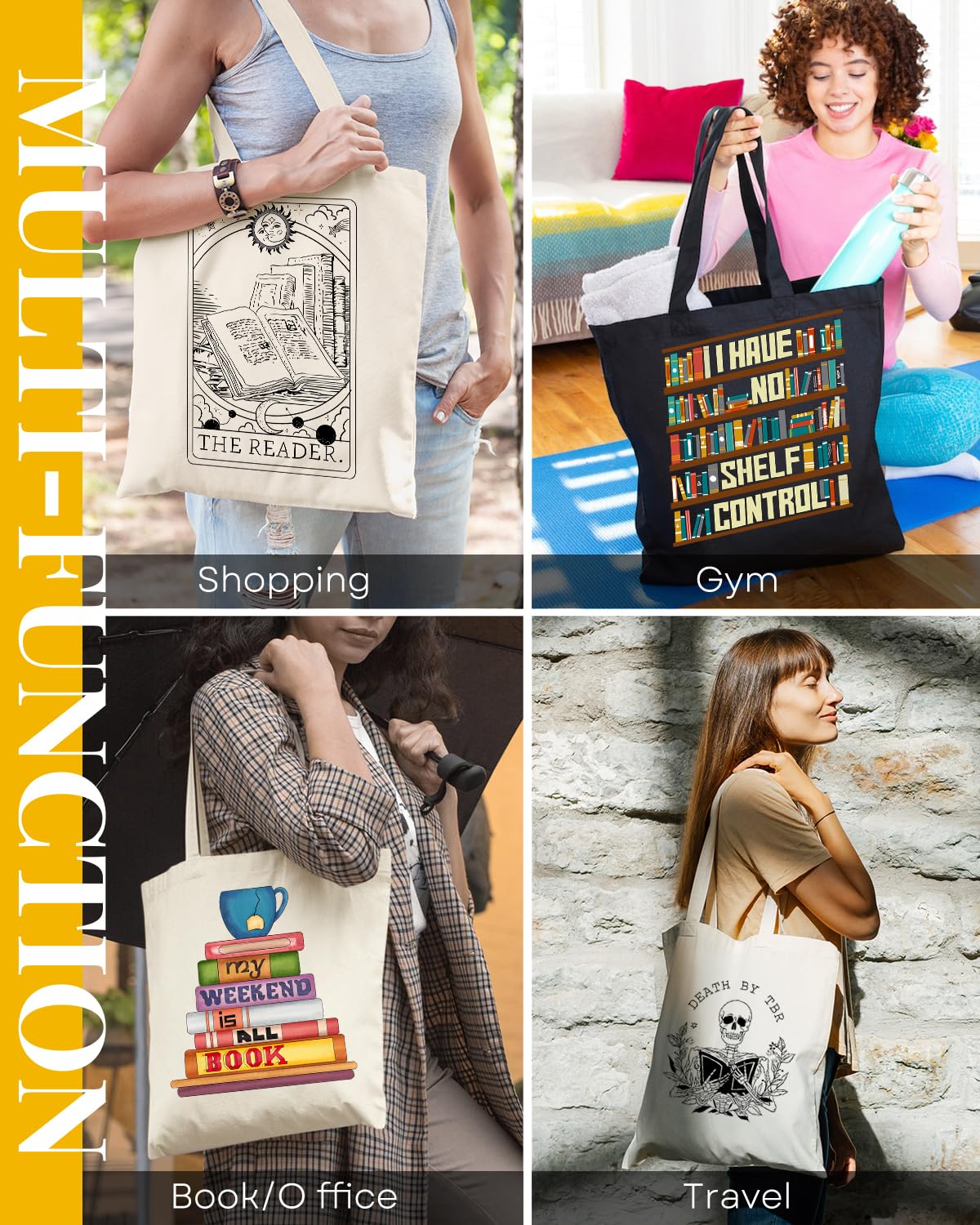 AUSVKAI Canvas Tote Bag Aesthetic for Women, Cute Sun&book Reusable Cotton Bags for Beach Grocery Gifts