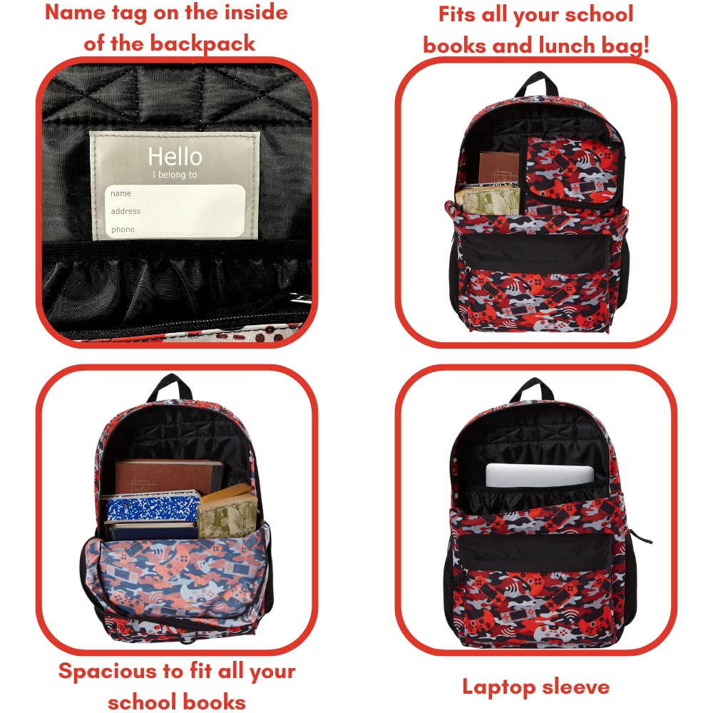 RALME Red Camo Gaming Backpack Set for Boys, 16 inch, 6 Pieces - Includes Foldable Lunch Bag, Water Bottle, Key Chain, & Pencil Case