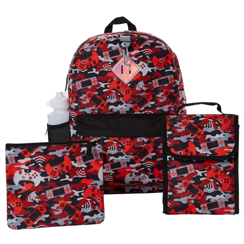 RALME Red Camo Gaming Backpack Set for Boys, 16 inch, 6 Pieces - Includes Foldable Lunch Bag, Water Bottle, Key Chain, & Pencil Case