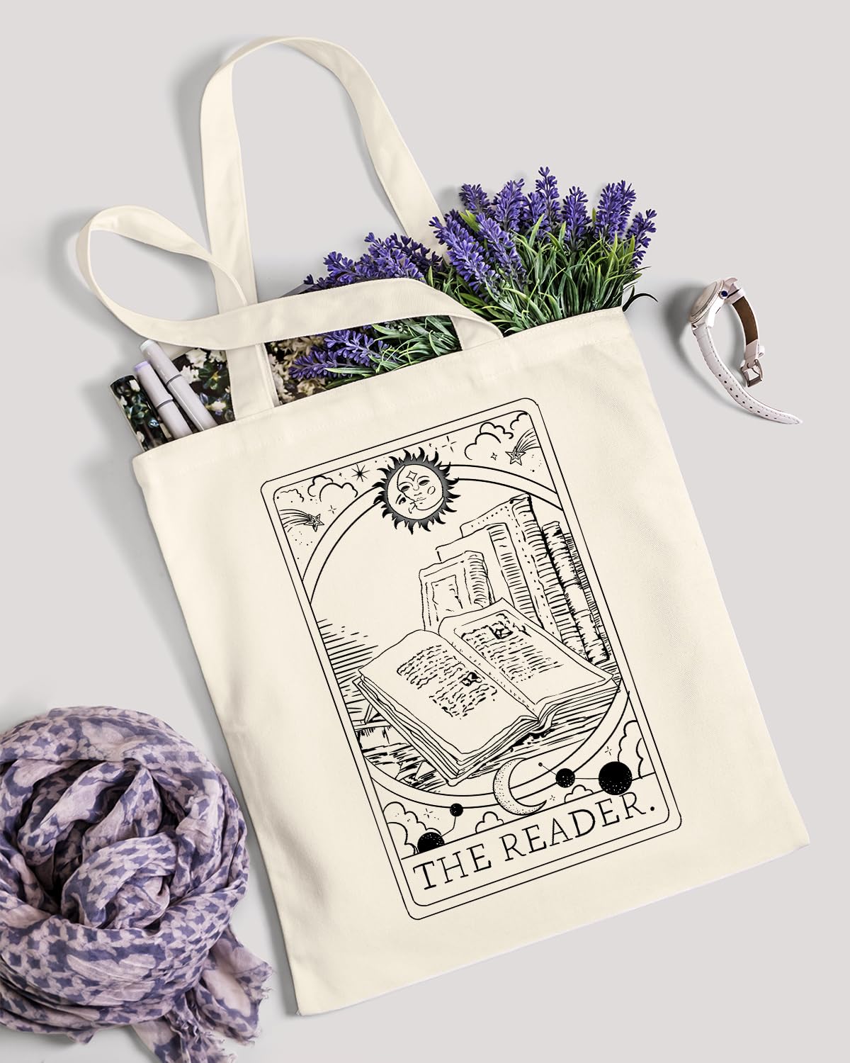 AUSVKAI Canvas Tote Bag Aesthetic for Women, Cute Sun&book Reusable Cotton Bags for Beach Grocery Gifts