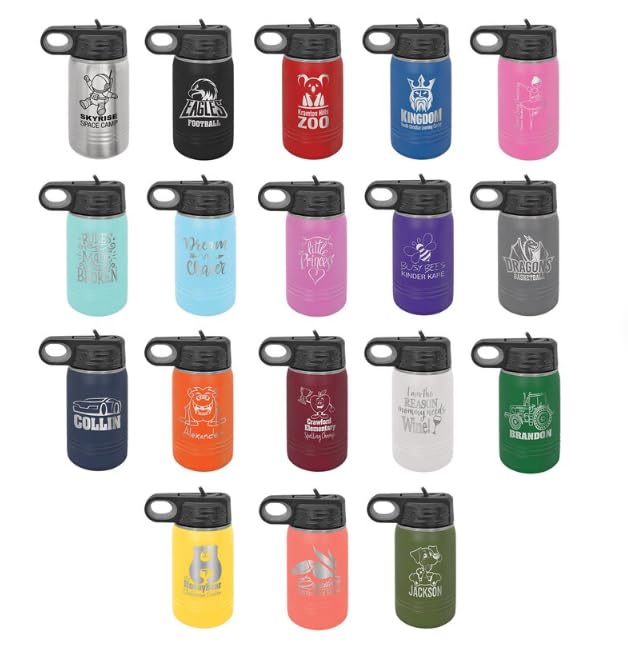 Personalzed Engraved 12 oz Water Bottle with Flip-Top Lid and Straw, Customized Vacuum Inulated Flask, Steel Sports Double Wall Thermos, Your Logo Name and Text Engraved (Light Blue)