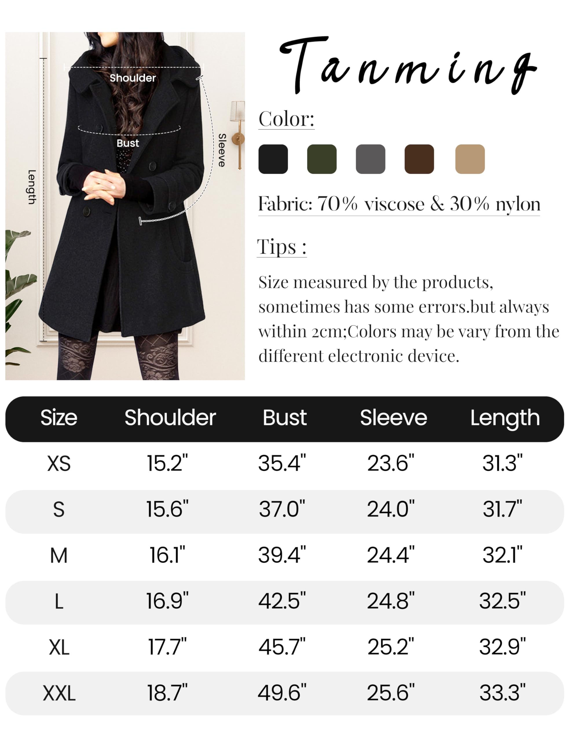 Tanming Women's Warm Double Breasted Wool Pea Coat Trench Coat Jacket with Hood (Black-XXL)