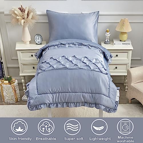 Toddler Bedding Set for Girls 4 Piece Pinch Pleated Grey Ruffle Fringe Pintuck Toddler Bed Comforter Set for Kids Bed-in-a-Bag Quilt Crib Sheet Set with Comforter,Flat Sheet,Fitted Sheet,Pillowcase
