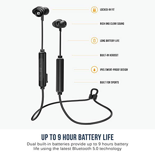 MEE audio M9B Bluetooth 5.0 Wireless in-Ear Headphones with Built-in Headset Microphone - 9 Hours Long Battery Life, IPX5 Waterproof Noise Isolation Earbuds - for Workout Gym Sports Black