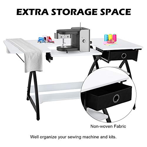 TUFFIOM 57-Inch Sewing Craft Table, Specialized Sewing Machine Shelf, Enlarged Cutting Space, Sturdy Multifunctional Computer Desk with Storage Drawer, Adjustable Height, Ideal for Home Indoor Use