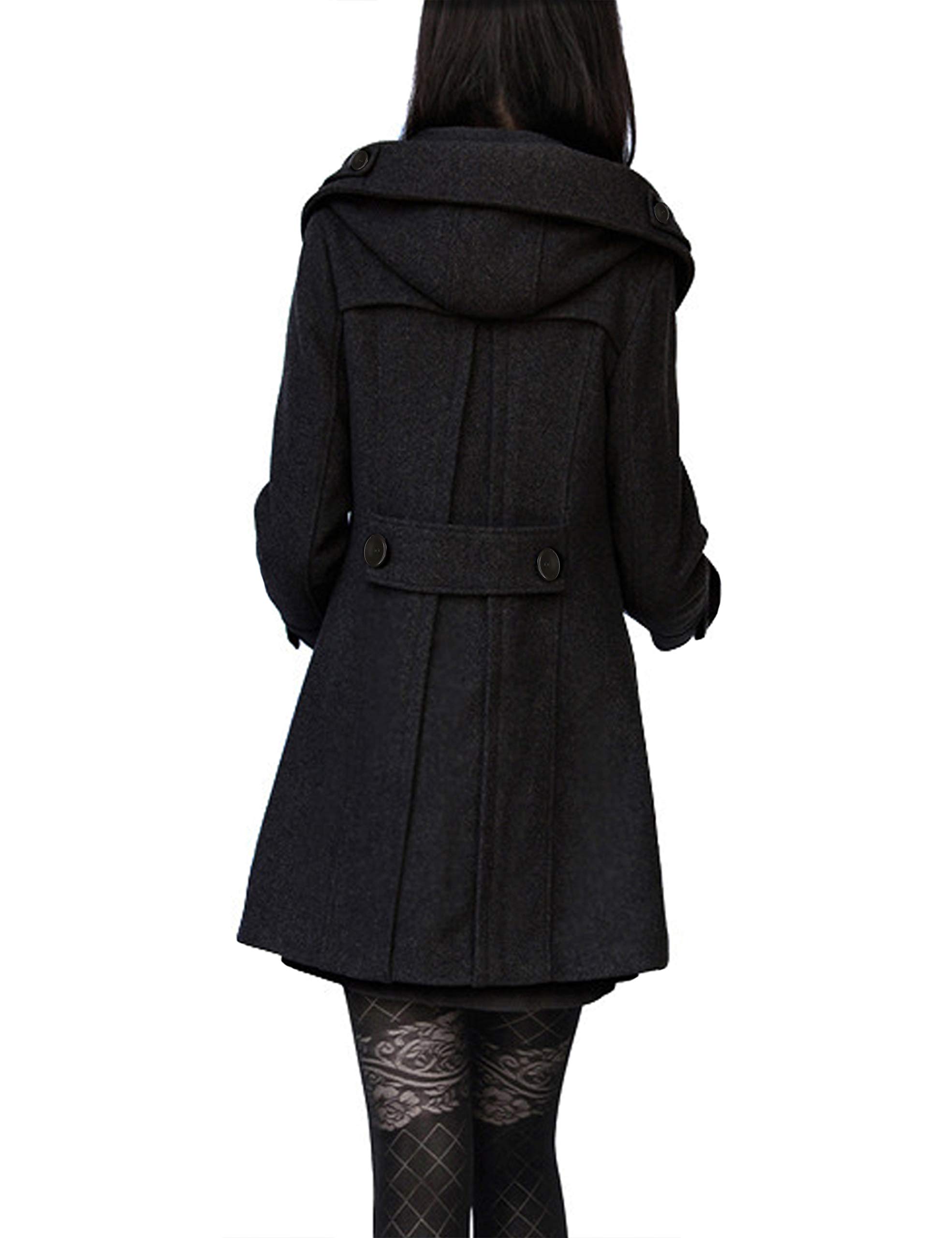 Tanming Women's Warm Double Breasted Wool Pea Coat Trench Coat Jacket with Hood (Black-XXL)