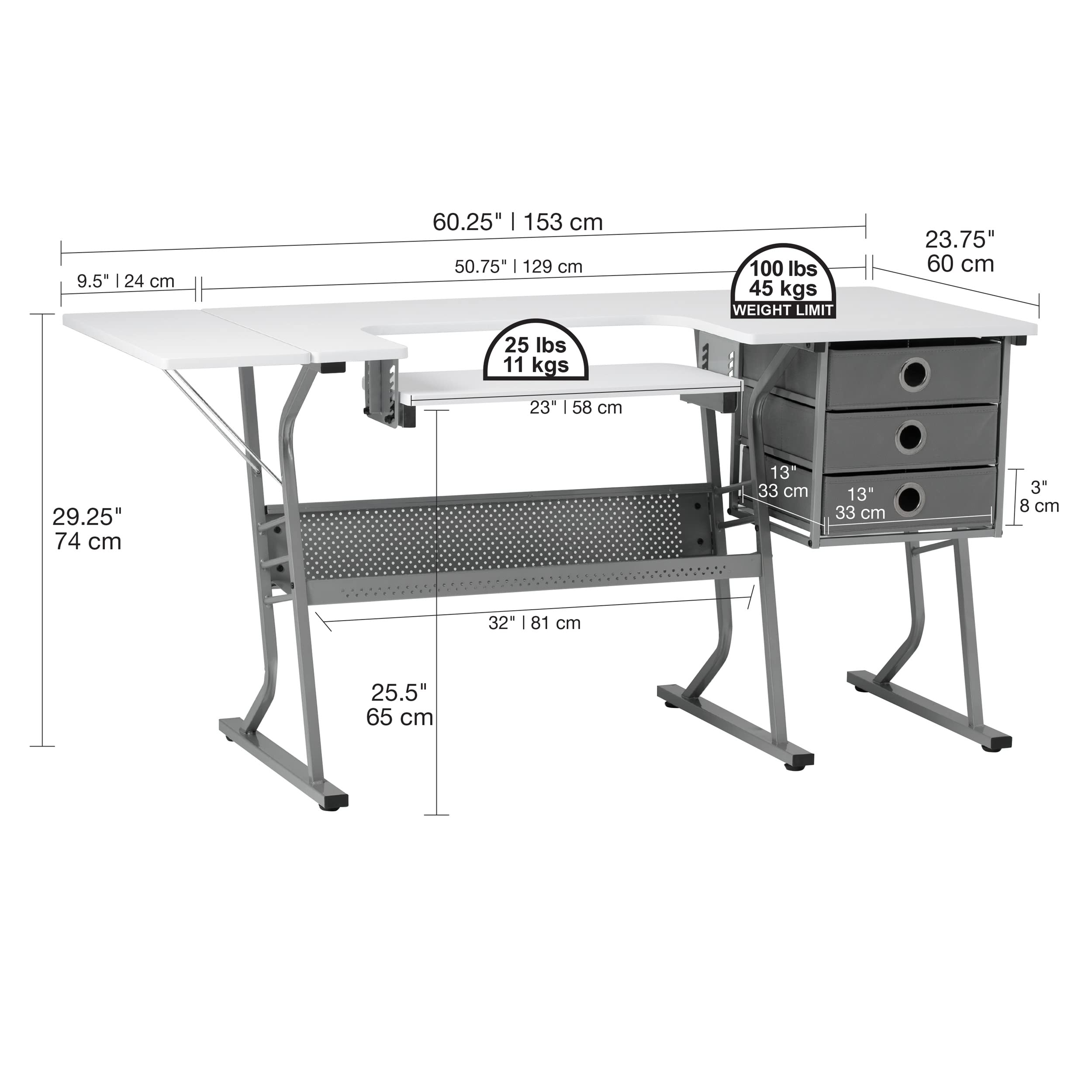Sew Ready Eclipse Hobby and Sewing Machine Table - White Sewing Table with Gray Storage Drawers + Large Lower Shelf - Can Also Be Used as Computer Desk
