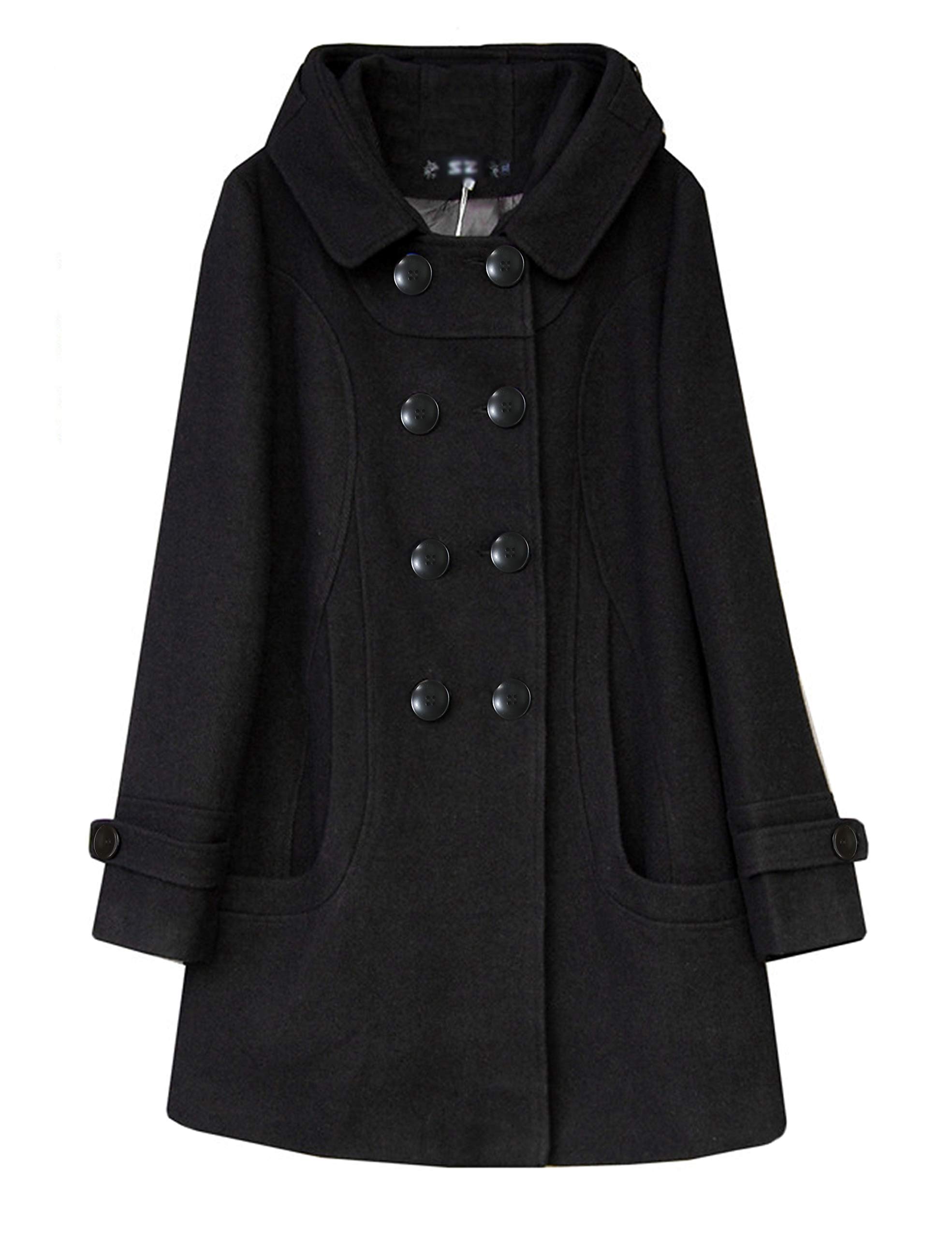 Tanming Women's Warm Double Breasted Wool Pea Coat Trench Coat Jacket with Hood (Black-XXL)