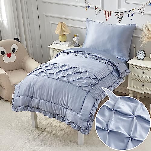 Toddler Bedding Set for Girls 4 Piece Pinch Pleated Grey Ruffle Fringe Pintuck Toddler Bed Comforter Set for Kids Bed-in-a-Bag Quilt Crib Sheet Set with Comforter,Flat Sheet,Fitted Sheet,Pillowcase