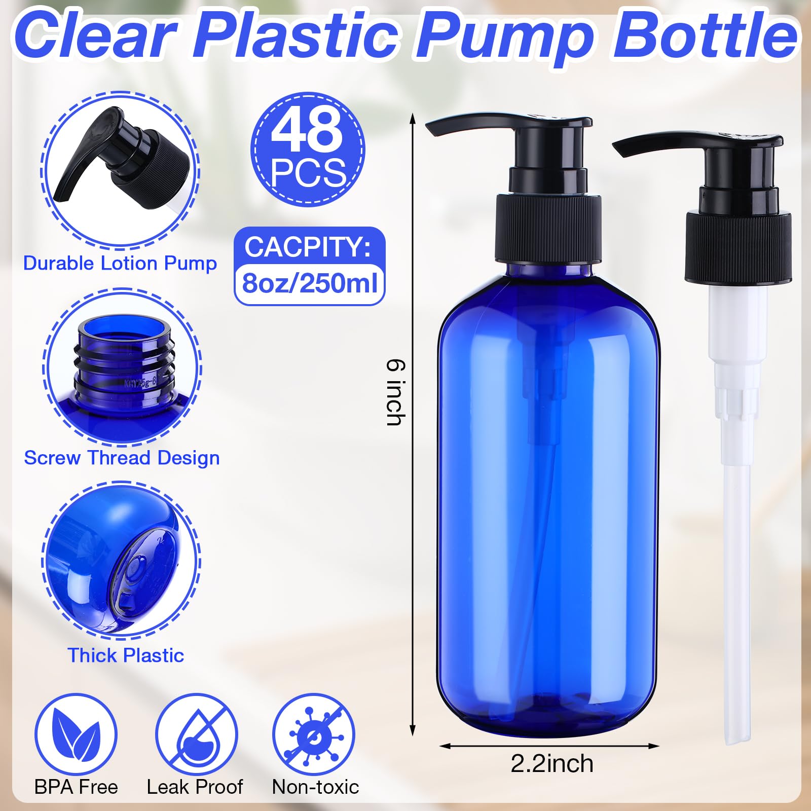 48 Pcs Pump Bottle Lotion Dispenser Refillable Shampoo Conditioner Hand Soap Dispenser Plastic Empty 8oz/250ml Clear Reusable Body Wash Container Bulk (Blue, Black)
