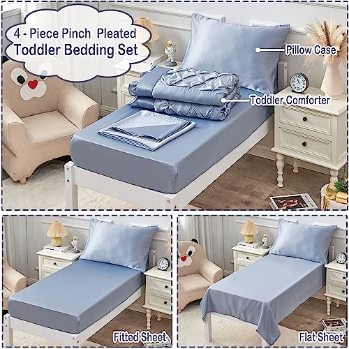 Toddler Bedding Set for Girls 4 Piece Pinch Pleated Grey Ruffle Fringe Pintuck Toddler Bed Comforter Set for Kids Bed-in-a-Bag Quilt Crib Sheet Set with Comforter,Flat Sheet,Fitted Sheet,Pillowcase